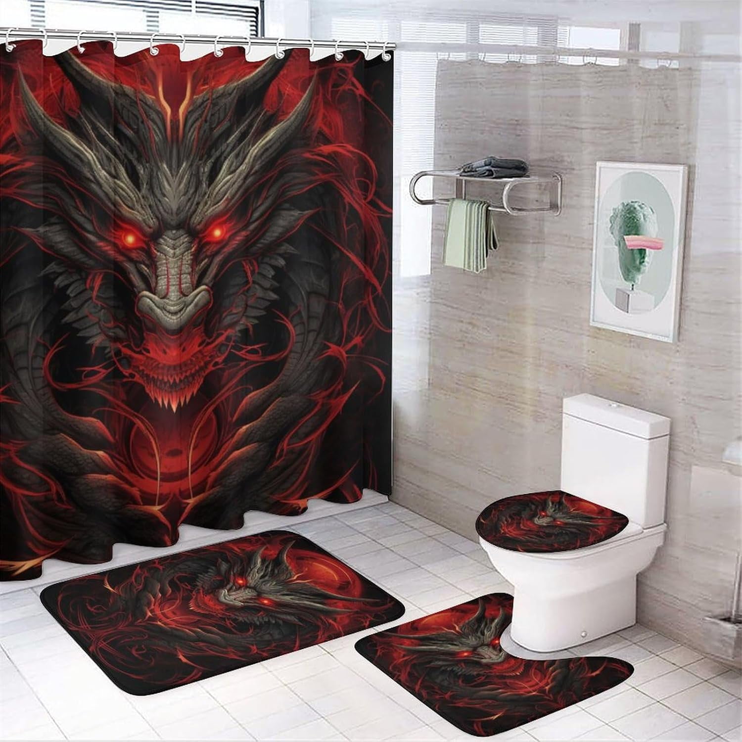 4PCS Fire Red Dragon Shower Curtain Set Retro Power Ancient Fantasy ...
