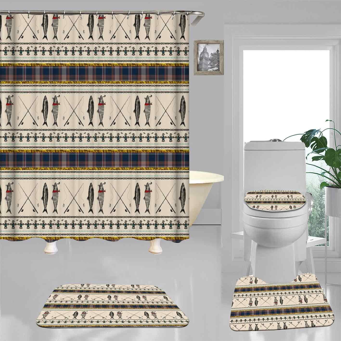 4PCS Fishing Shower Curtain Sets with Rugs, Waterproof Fabric Shower ...