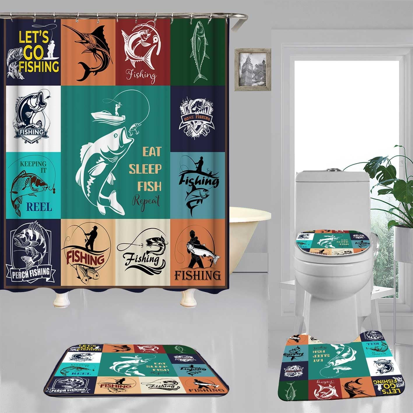 4PCS Fishing Shower Curtain Sets with Rugs, Waterproof Fabric Shower ...