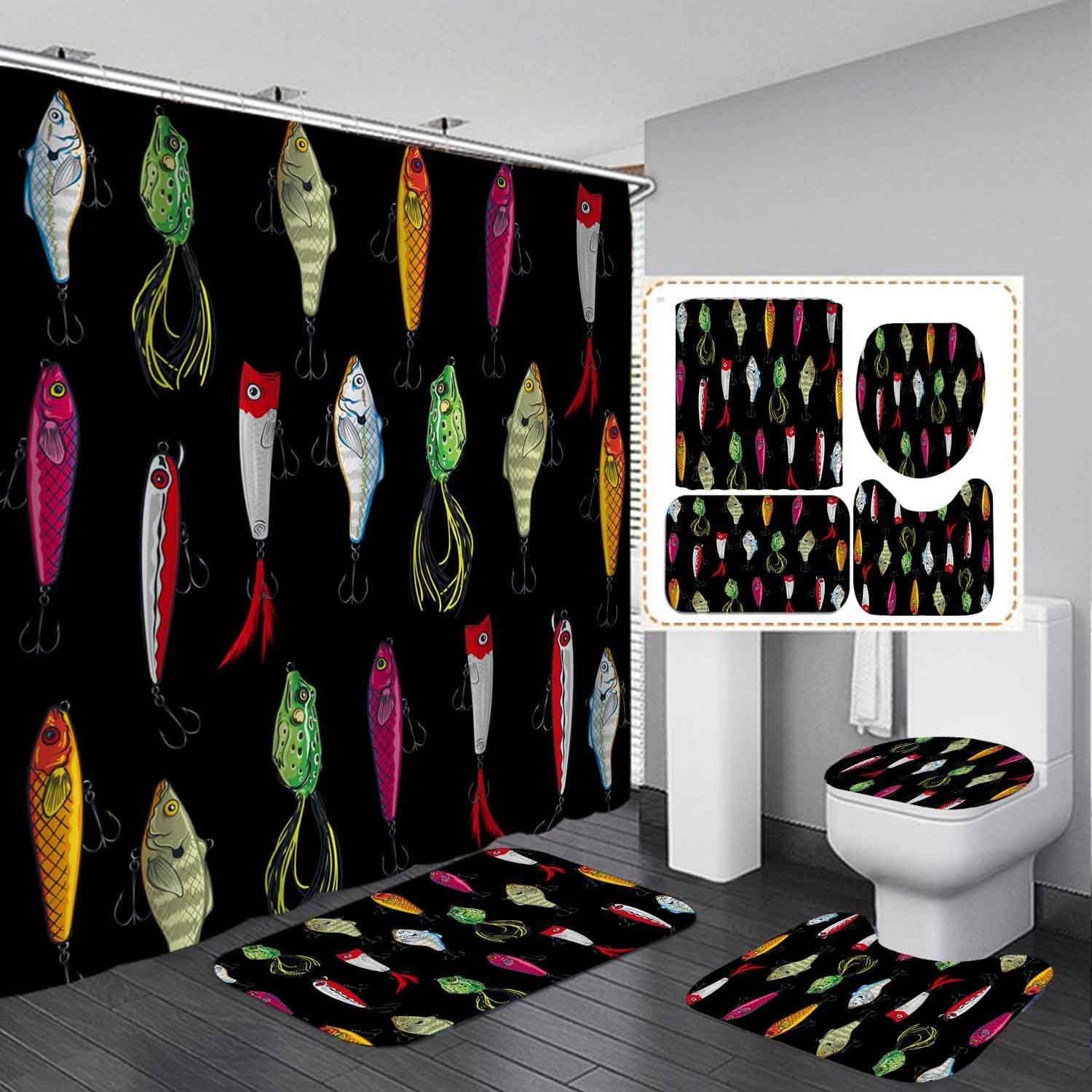 4PCS Fishing Shower Curtain Sets with Rugs, Waterproof Fabric Shower ...