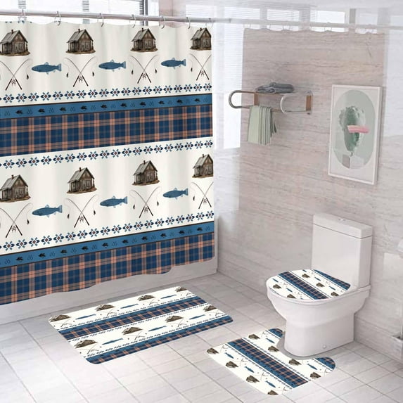 4PCS Fishing Shower Curtain Sets with Rugs, Bass Fish Shower Curtain ...