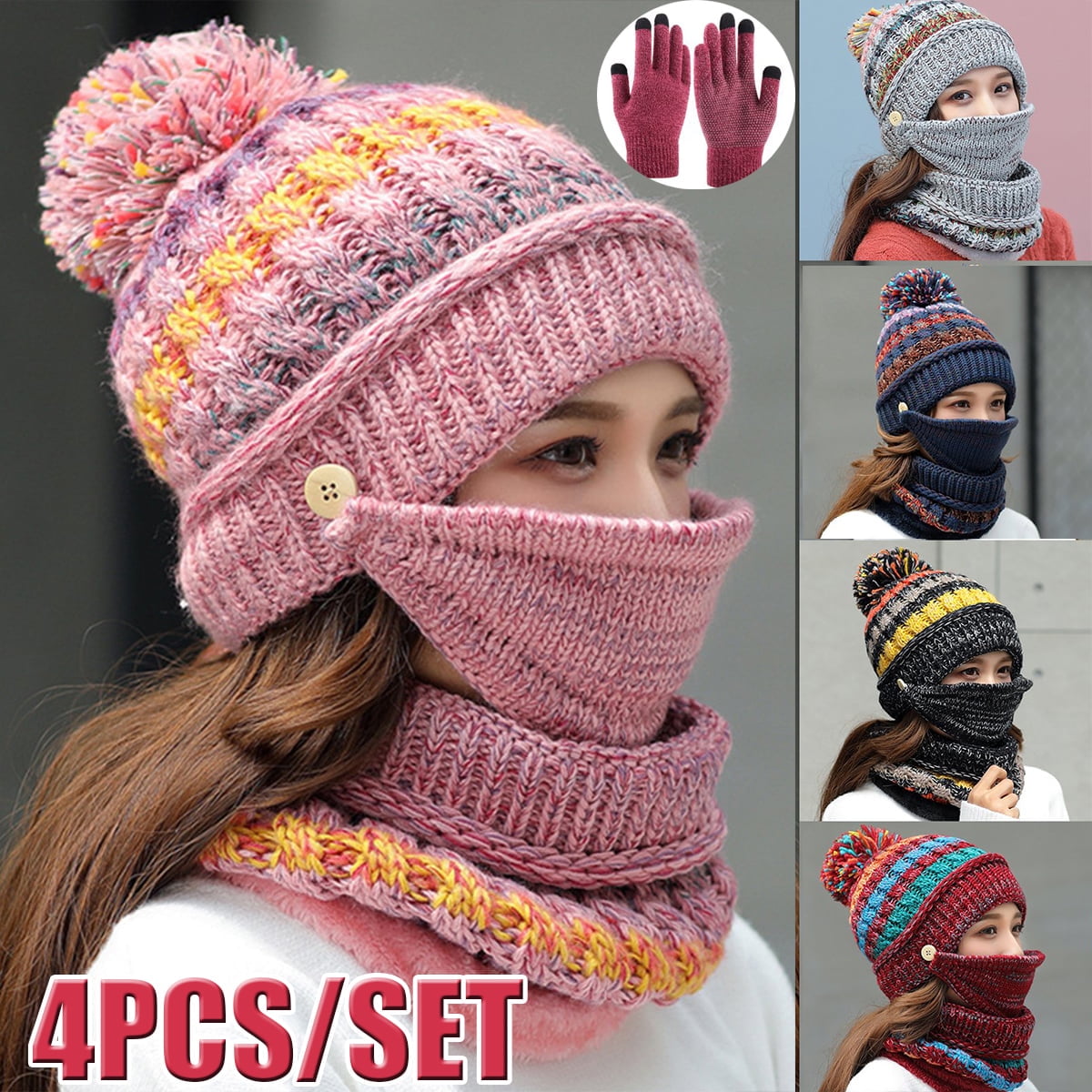 4PCS Women's Winter Set: Fleece Lined Knit Beanie, Scarf, Mask, Gloves ...