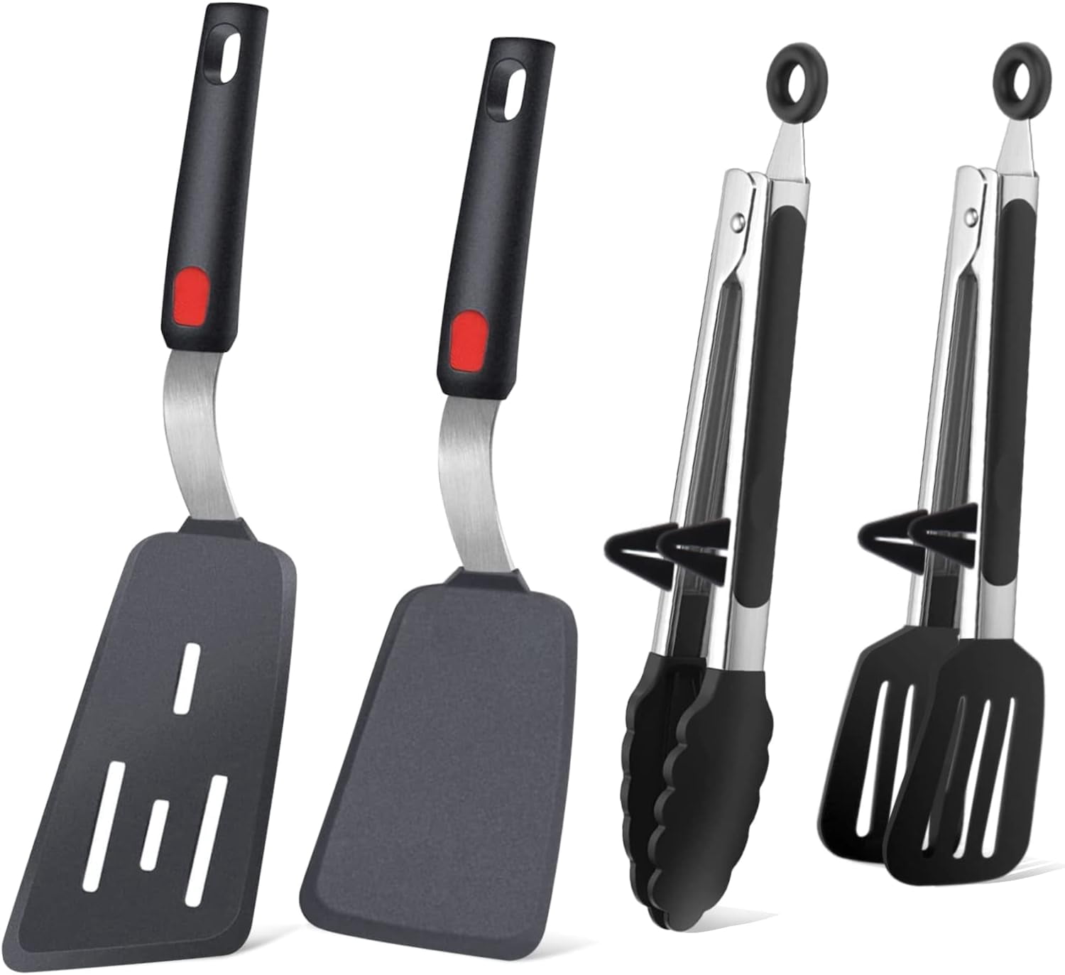 4PCS Flexible Silicone Spatula Turner Set and Kitchen Food Tongs with ...