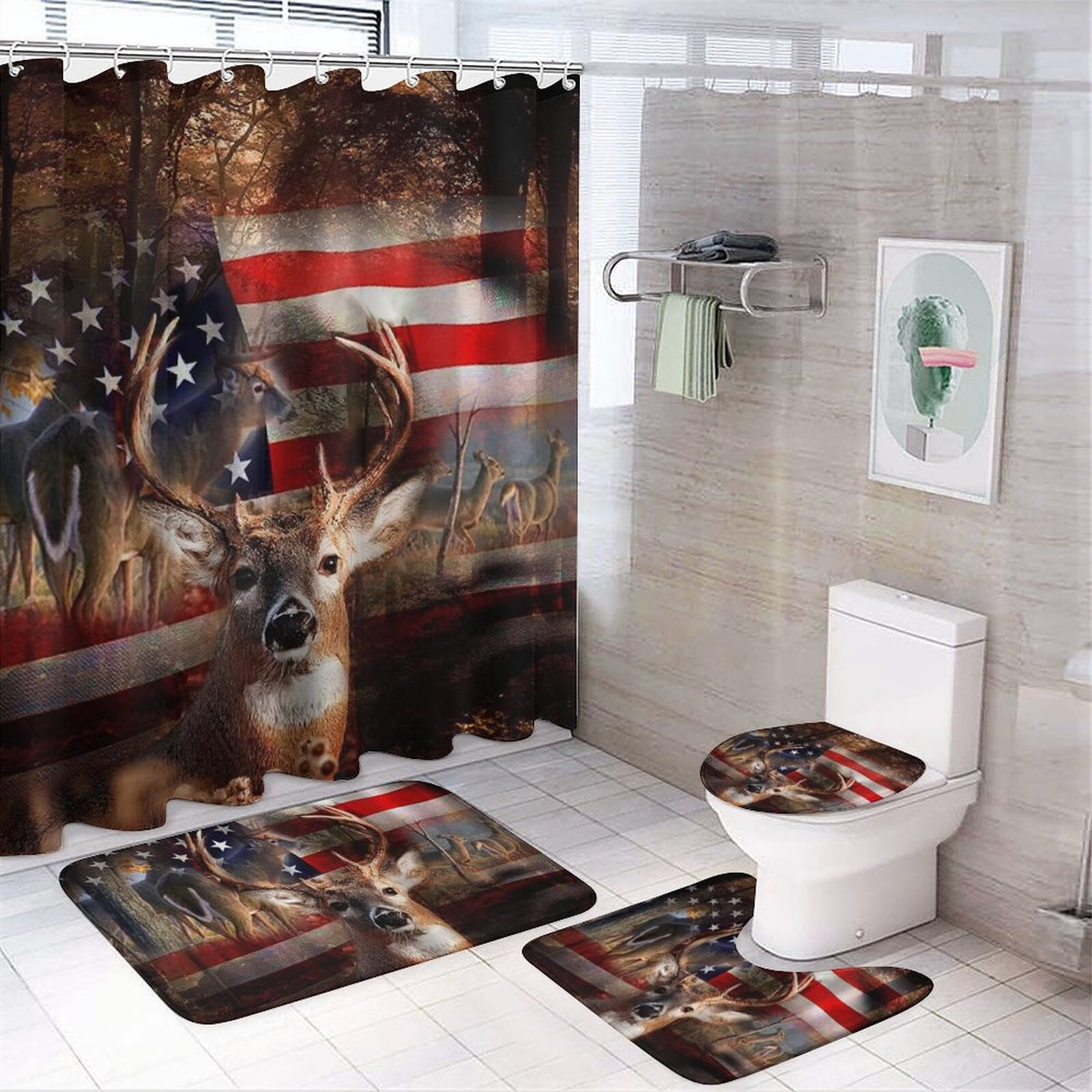 4PCS Forest Deer Bathroom Sets Shower Curtain Set American Flag Bath ...