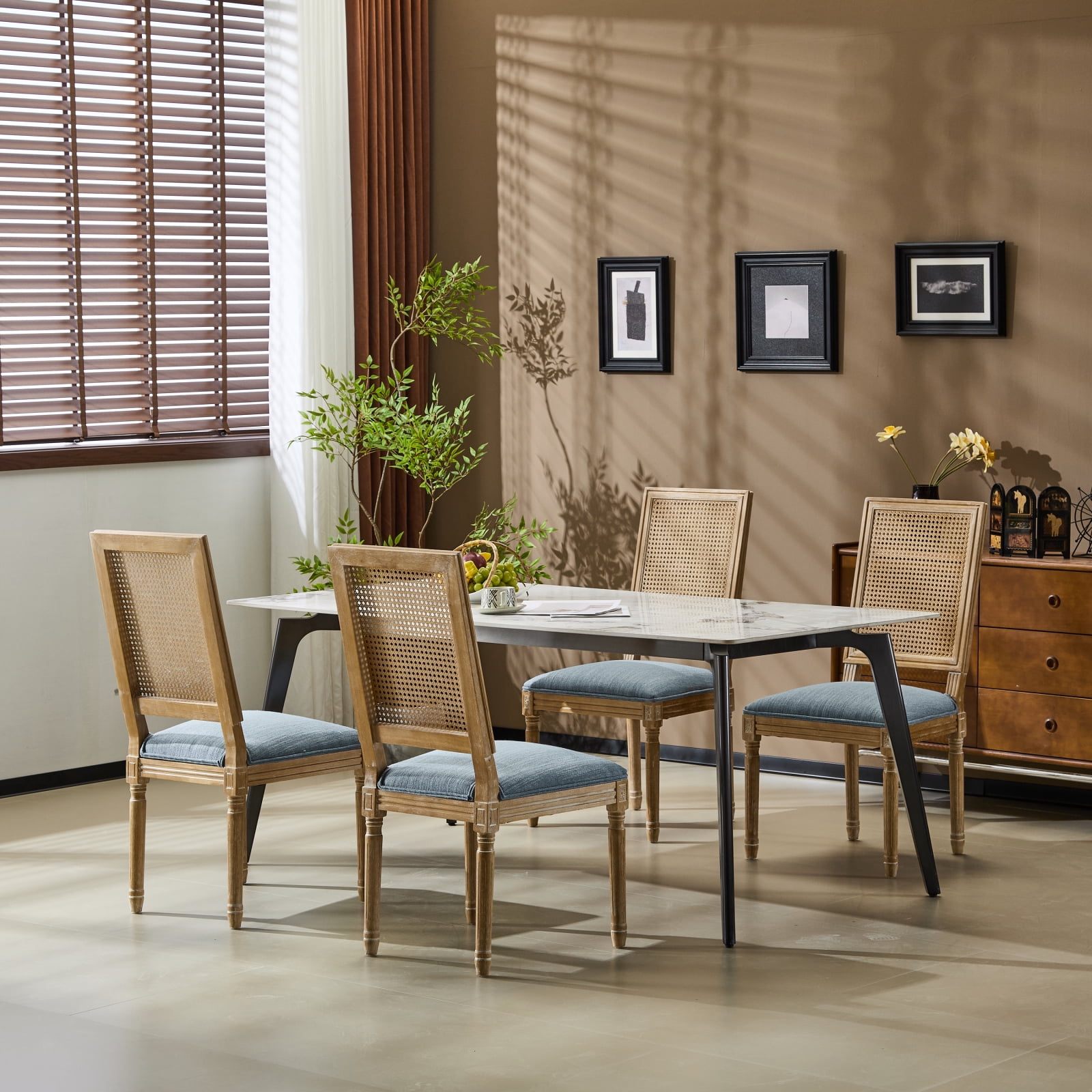 4PCS French Country Dining Chairs - Elegant Cane Backrest & Upholstered ...