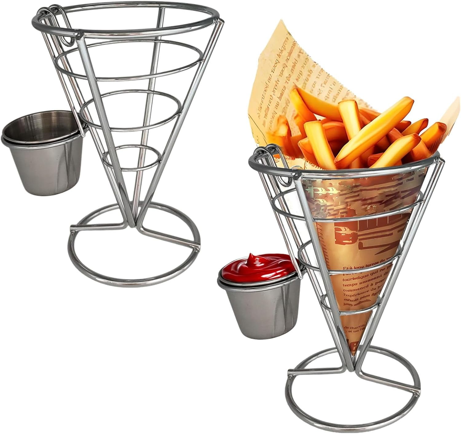 4PCS French Fries Racks with Dipping Cups, Stainless Steel Snack Basket ...