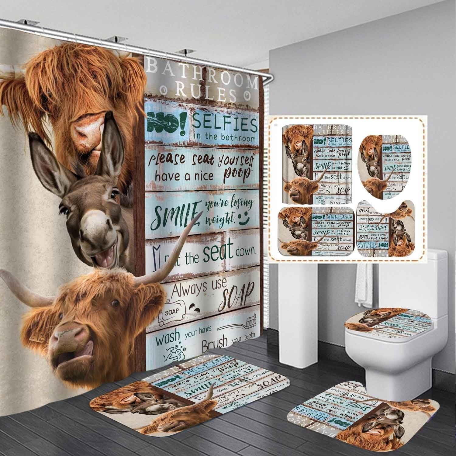 4PCS Funny Highland Cow Shower Curtain Set, Waterproof White Fabric ...