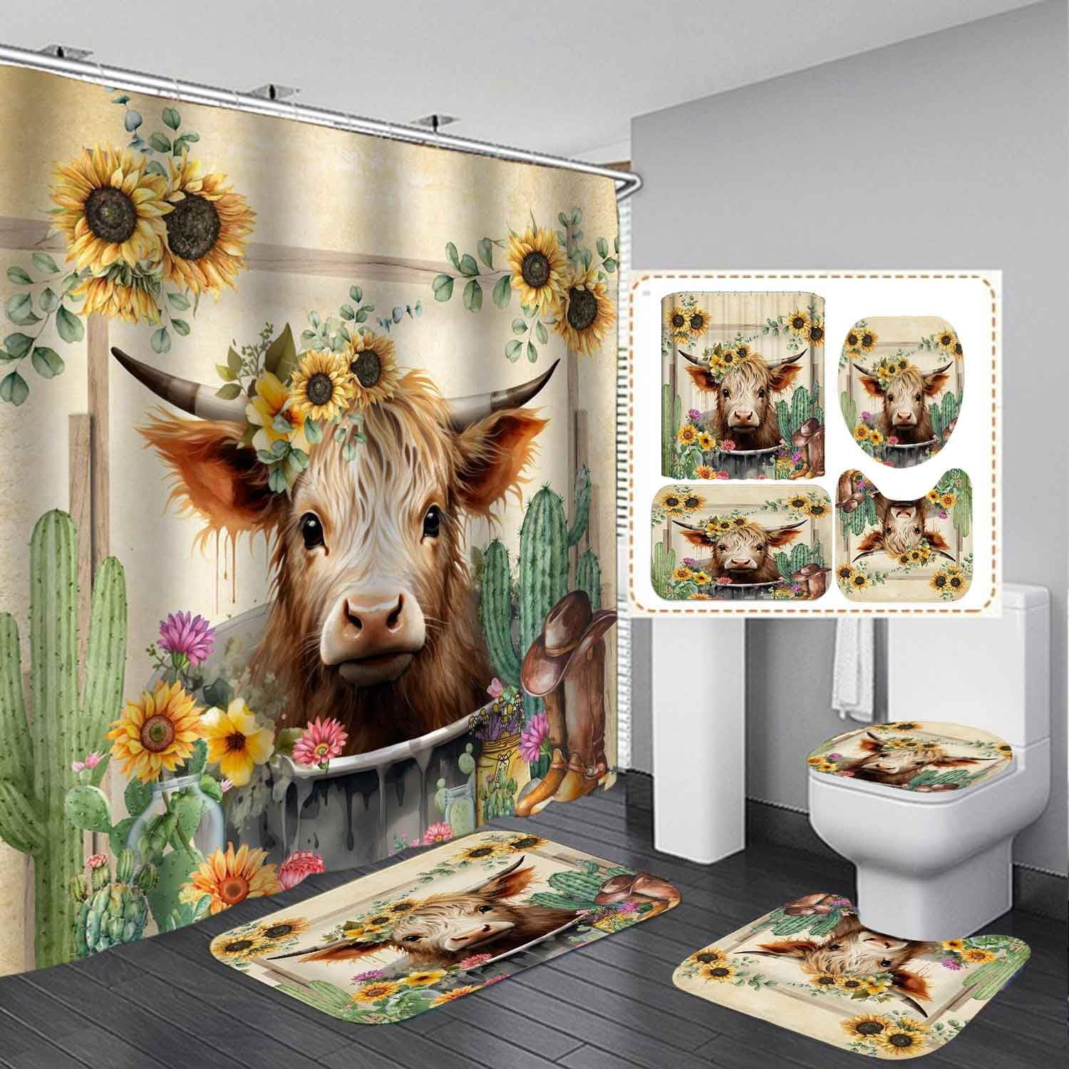4PCS Funny Highland Cow Shower Curtain Set, Waterproof White Fabric ...