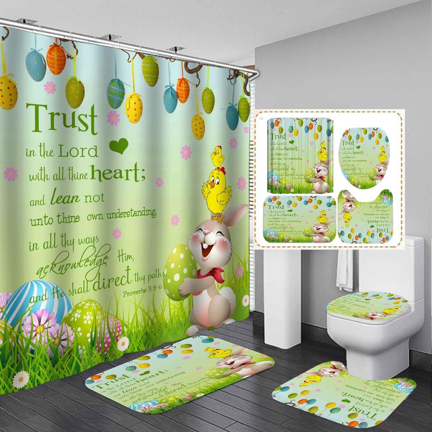 4PCS Funny Rabbit Easter Shower Curtain Sets with Rugs, Waterproof ...