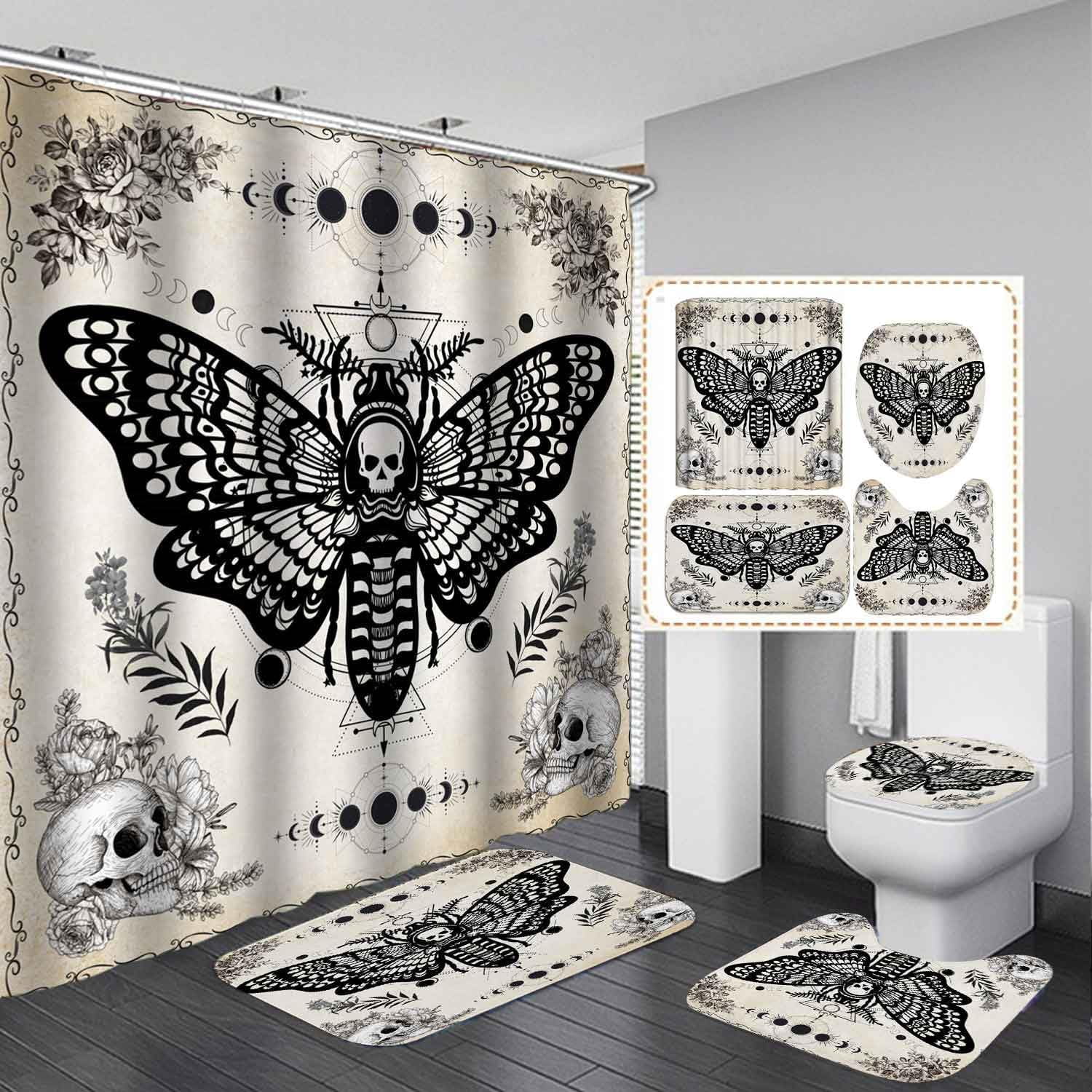 4PCS Funny Skull Shower Curtain Set, Cat Kitten Bathtub Skeleton ...