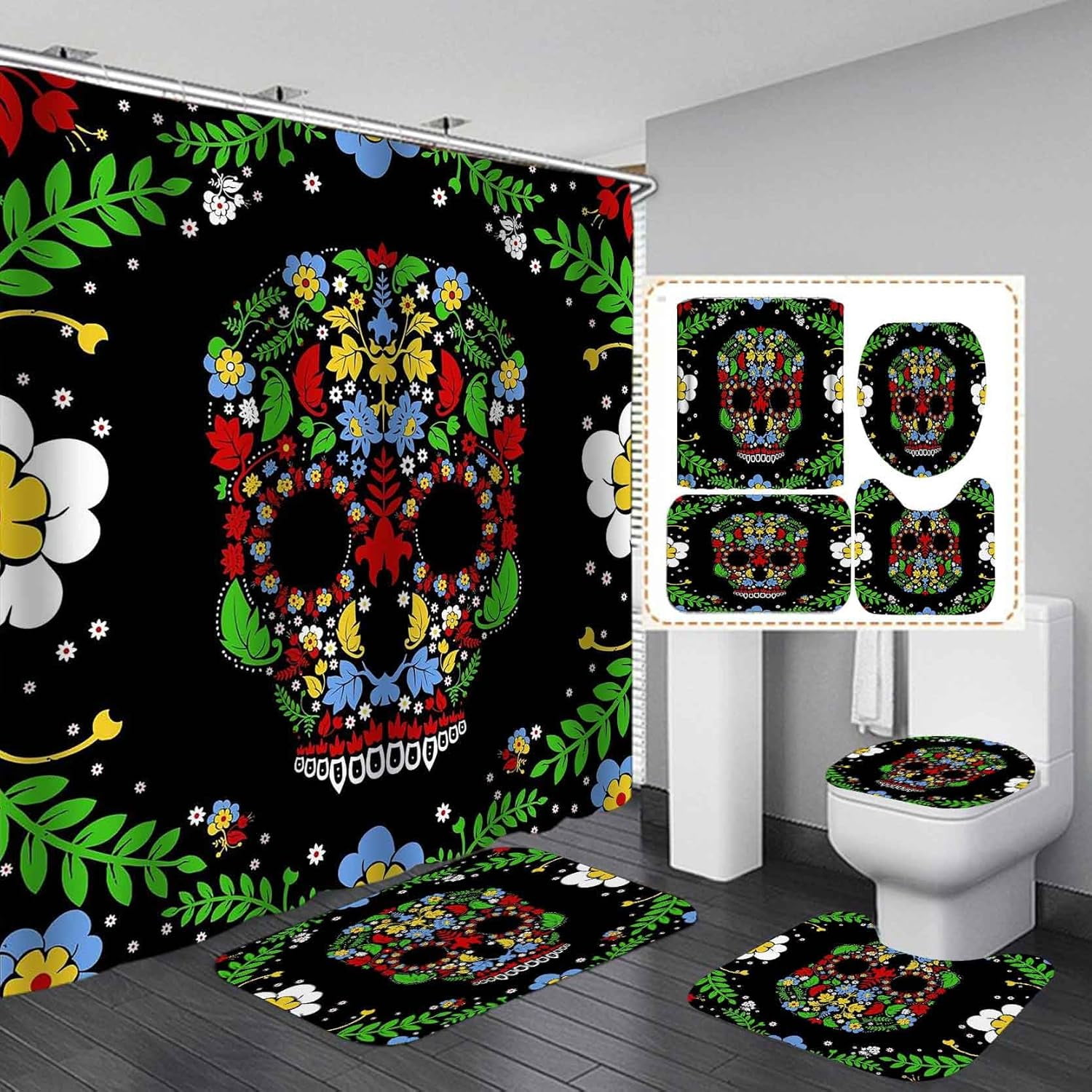 4PCS Funny Skull Shower Curtain Set, Cat Kitten Bathtub Skeleton ...