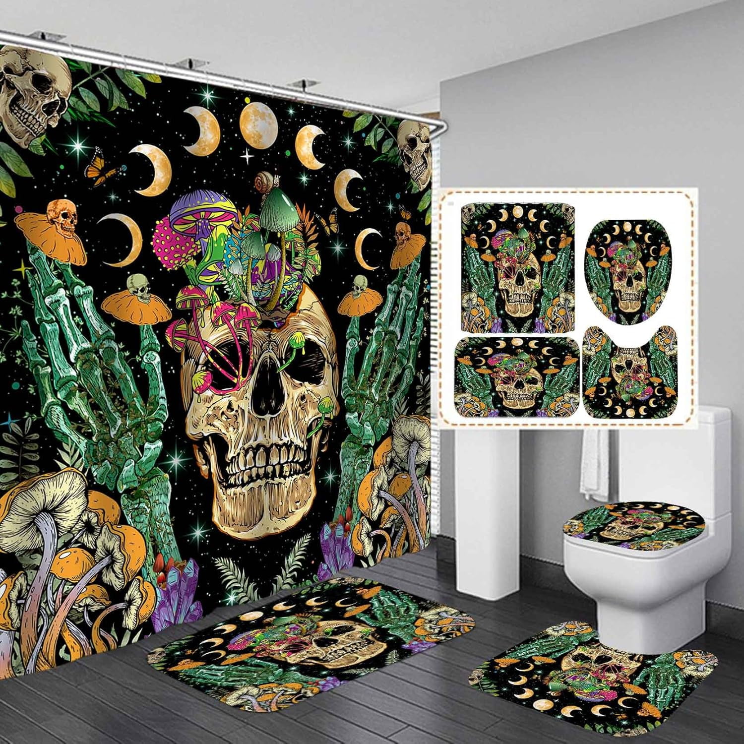 4PCS Funny Skull Shower Curtain Set, Cat Kitten Bathtub Skeleton ...