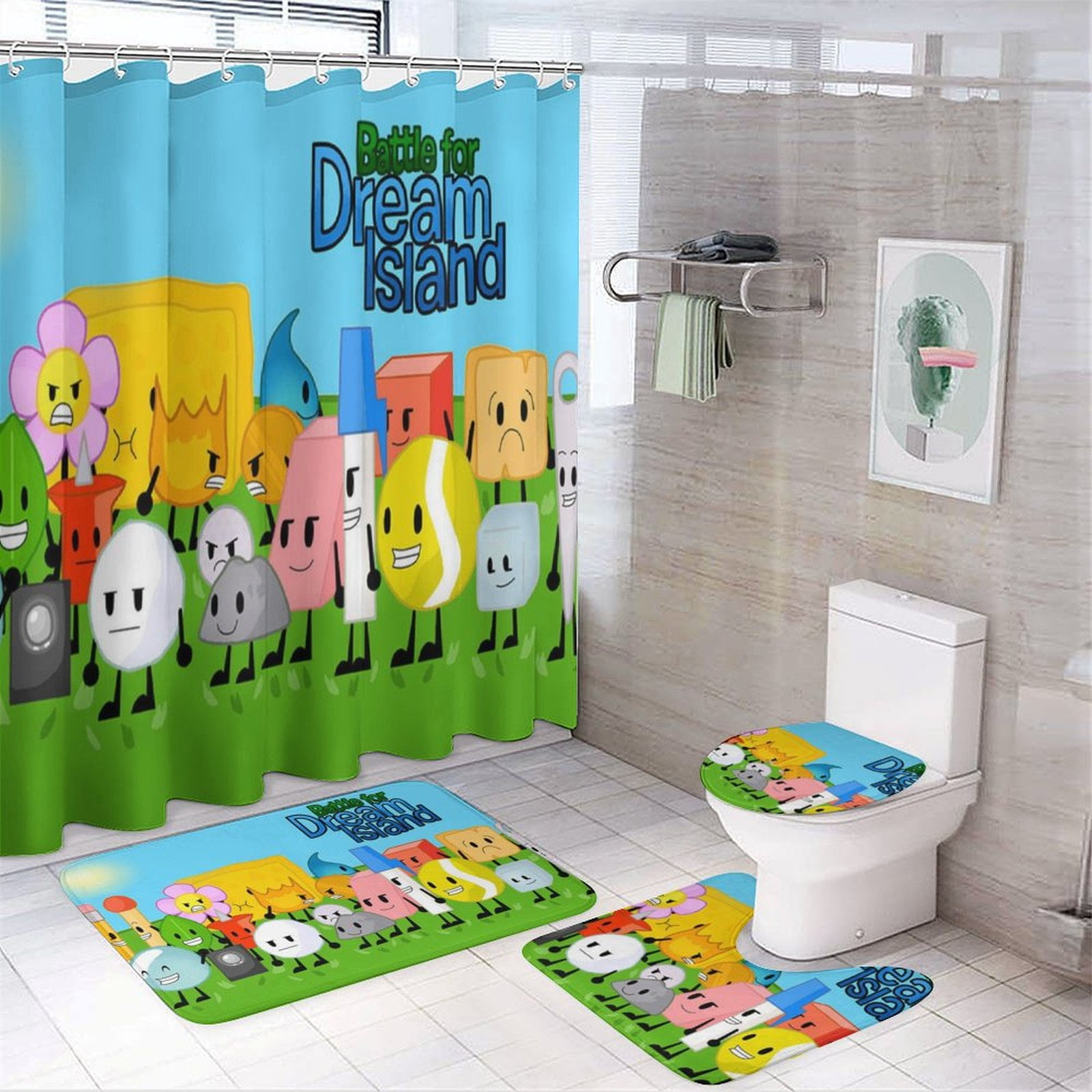 4PCS Game BFDI Battle For Dream Island Shower Curtain Sets Bathroom ...