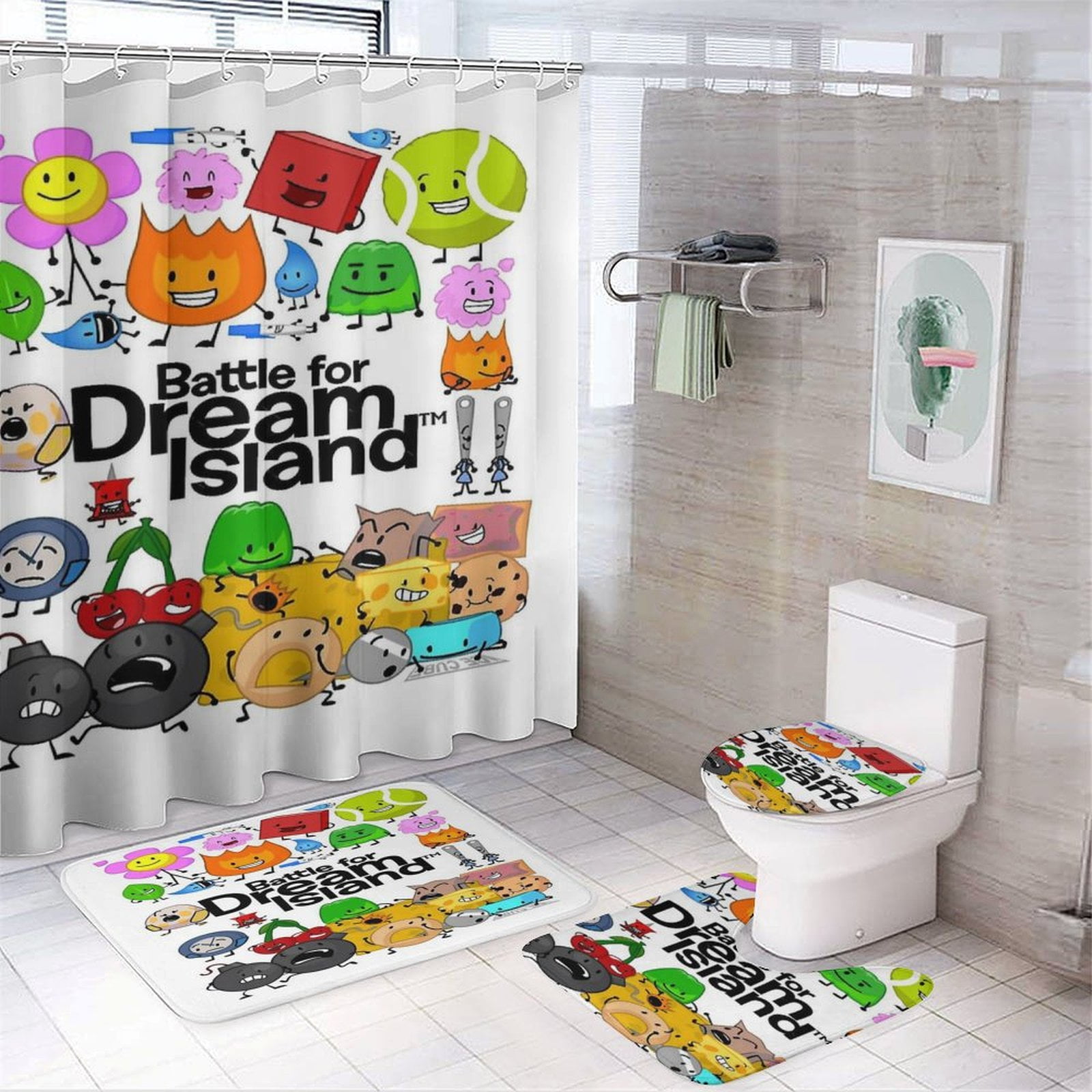 4PCS Game BFDI Battle For Dream Island Shower Curtain Sets Bathroom ...