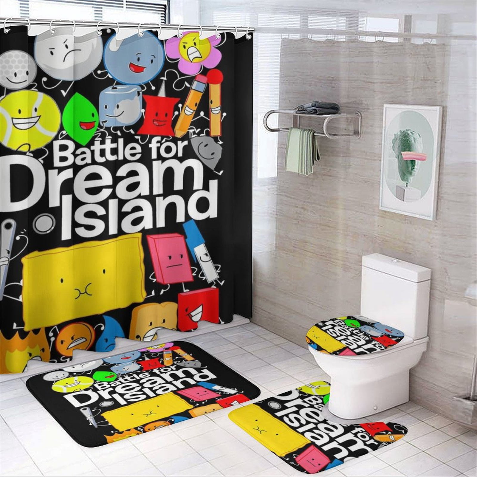 4PCS Game BFDI Battle For Dream Island Shower Curtain Sets Bathroom ...