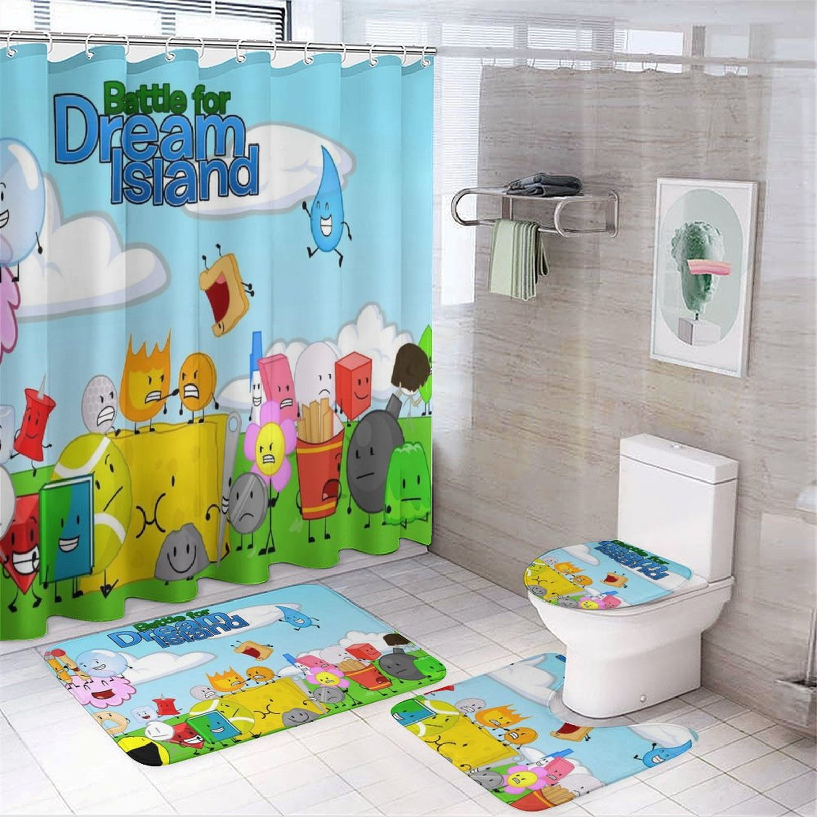 4PCS Game BFDI Battle For Dream Island Shower Curtain Sets Bathroom ...
