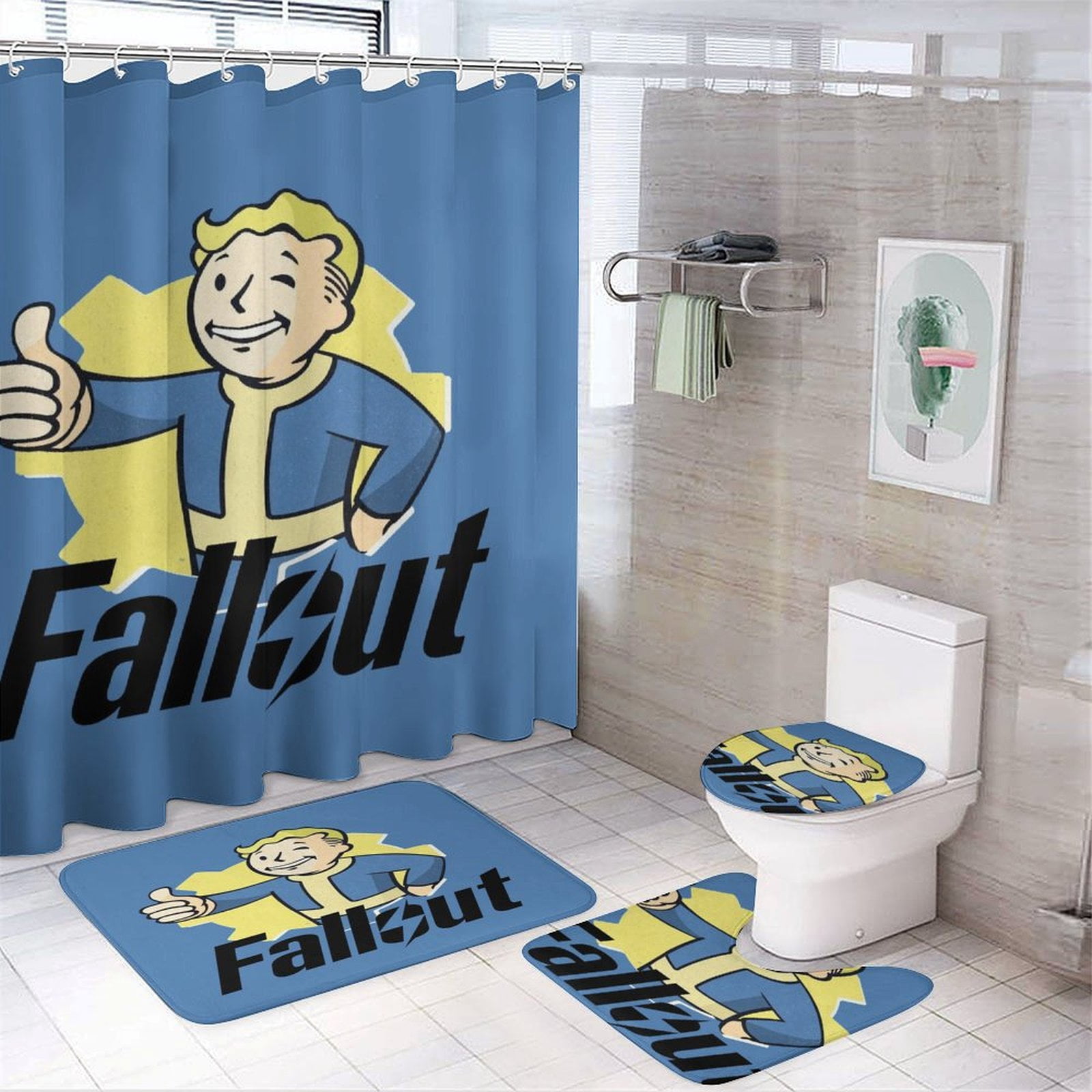 4PCS Game Fallout Shower Curtain Set with Non-Slip Rugs Toilet Lid ...