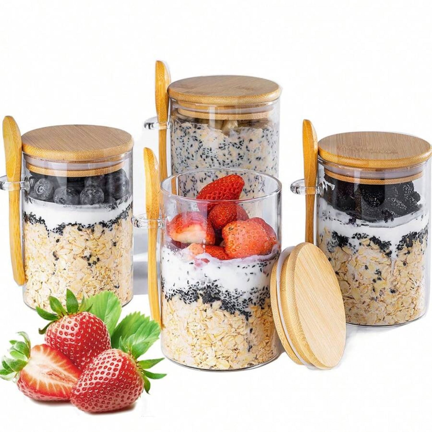 4PCS Glass Food Dispenser With Lid And Spoon, Overnight Oatmeal Jar ...