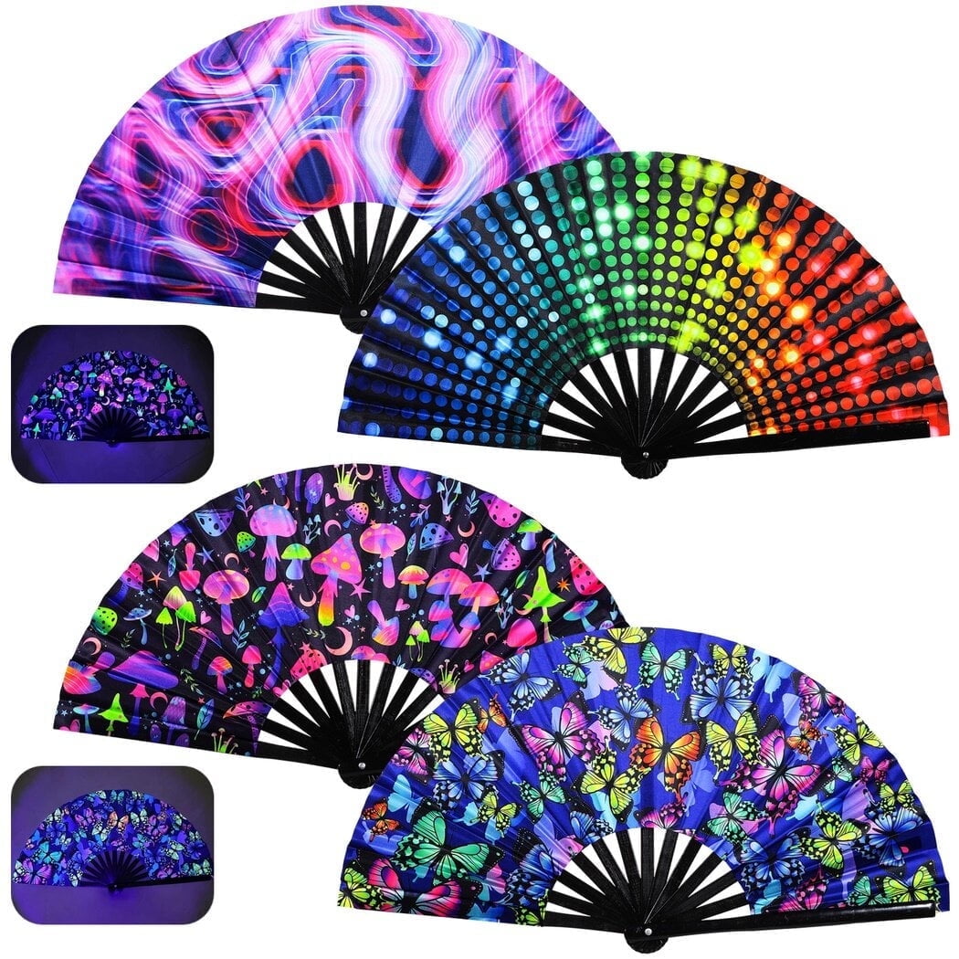 4PCS Glow Folding Hand Fans, Fluorescent Handheld Fan, Large Rave Clack ...