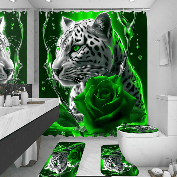 4Pcs Bathroom Shower Curtain Sets with Non-Slip Rugs, Leopard Lion Rose ...