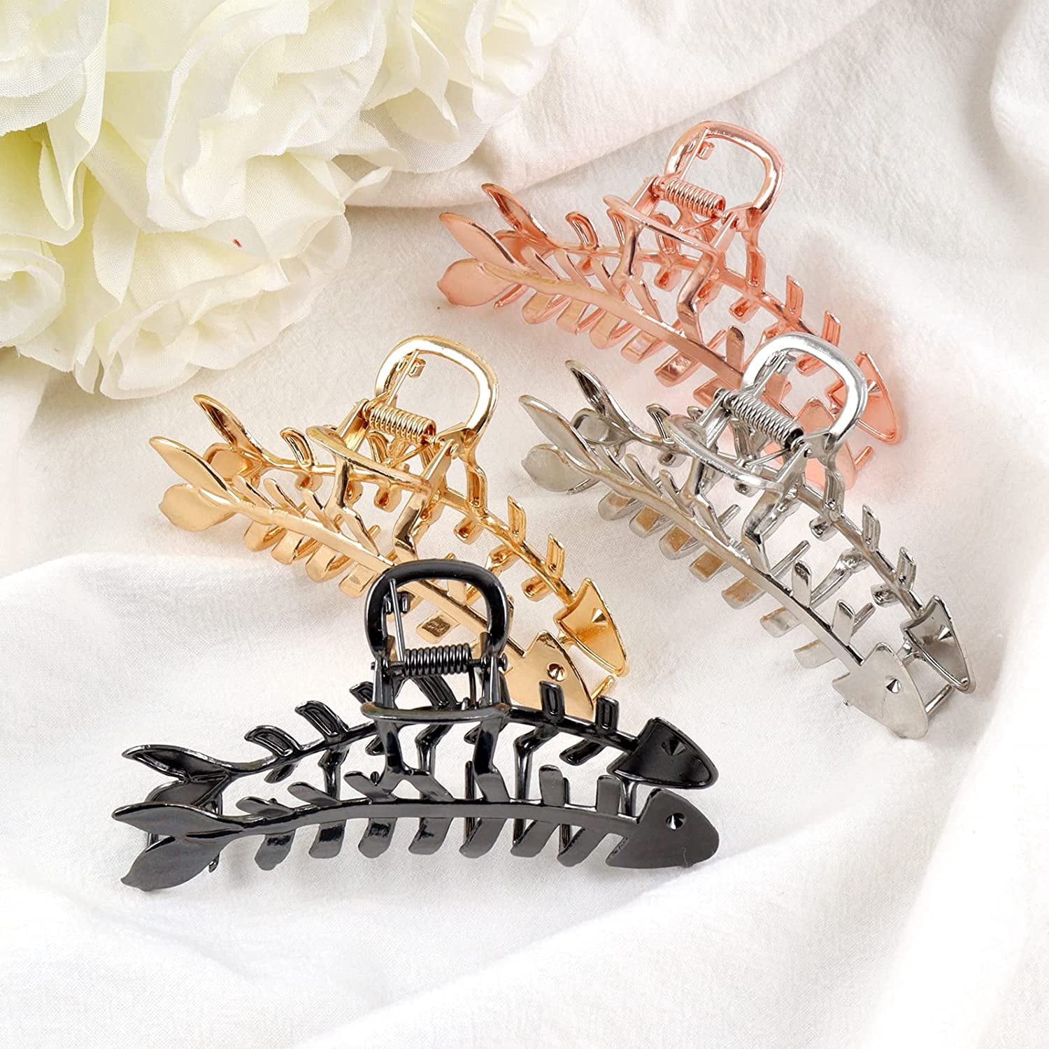 4PCS Hair Clips Fish Bone Shape Hair Claw Clip Large Metal Fishbone ...