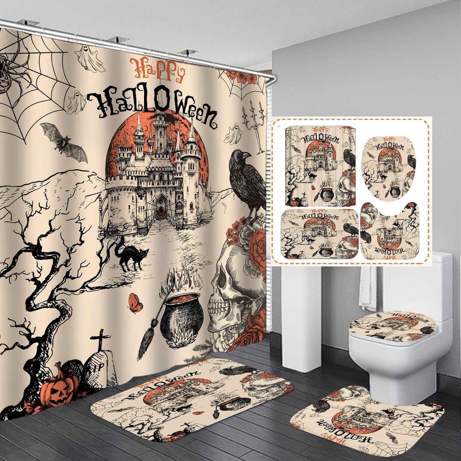 4PCS Halloween Pumpkin Ghost Shower Curtain Set, Waterproof Fabric ...