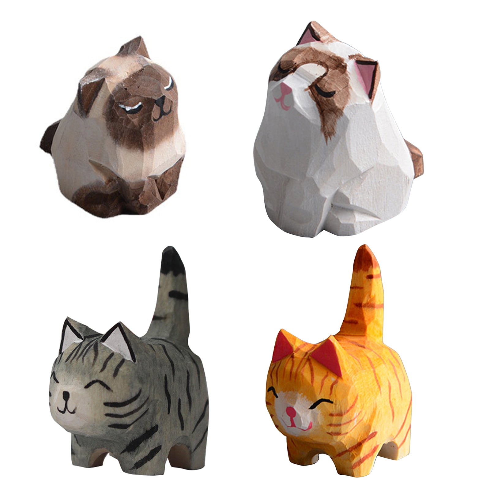 4PCS Hand Carved Wooden Cat Figurine Statue Cat Gifts Wooden Cat Statue ...
