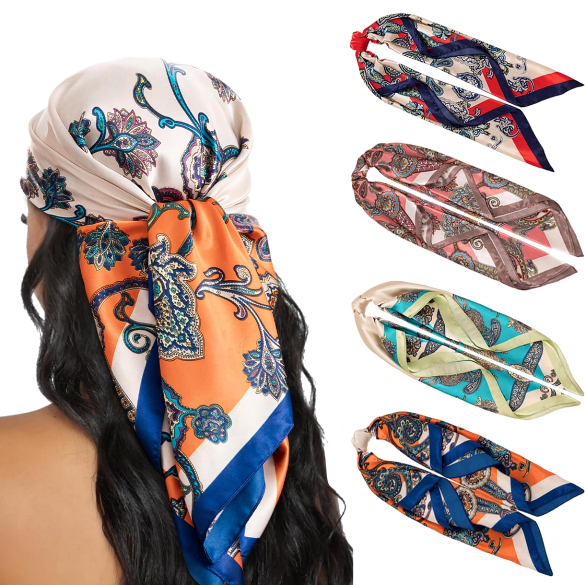 4PCS Head Scarf for Women 35” Head Scarves Silk Like Satin Neck Scarfs ...