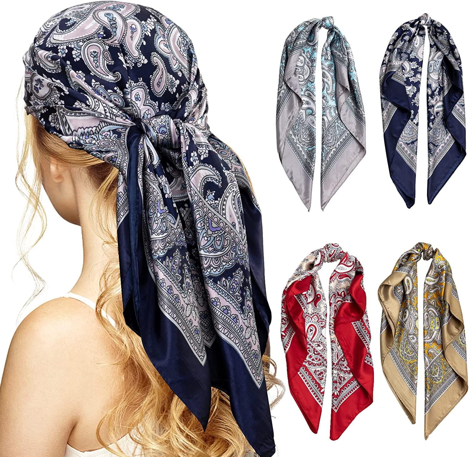 4PCS Head Scarf for Women, 35" Satin Square Hair Scarves Silk Like ...