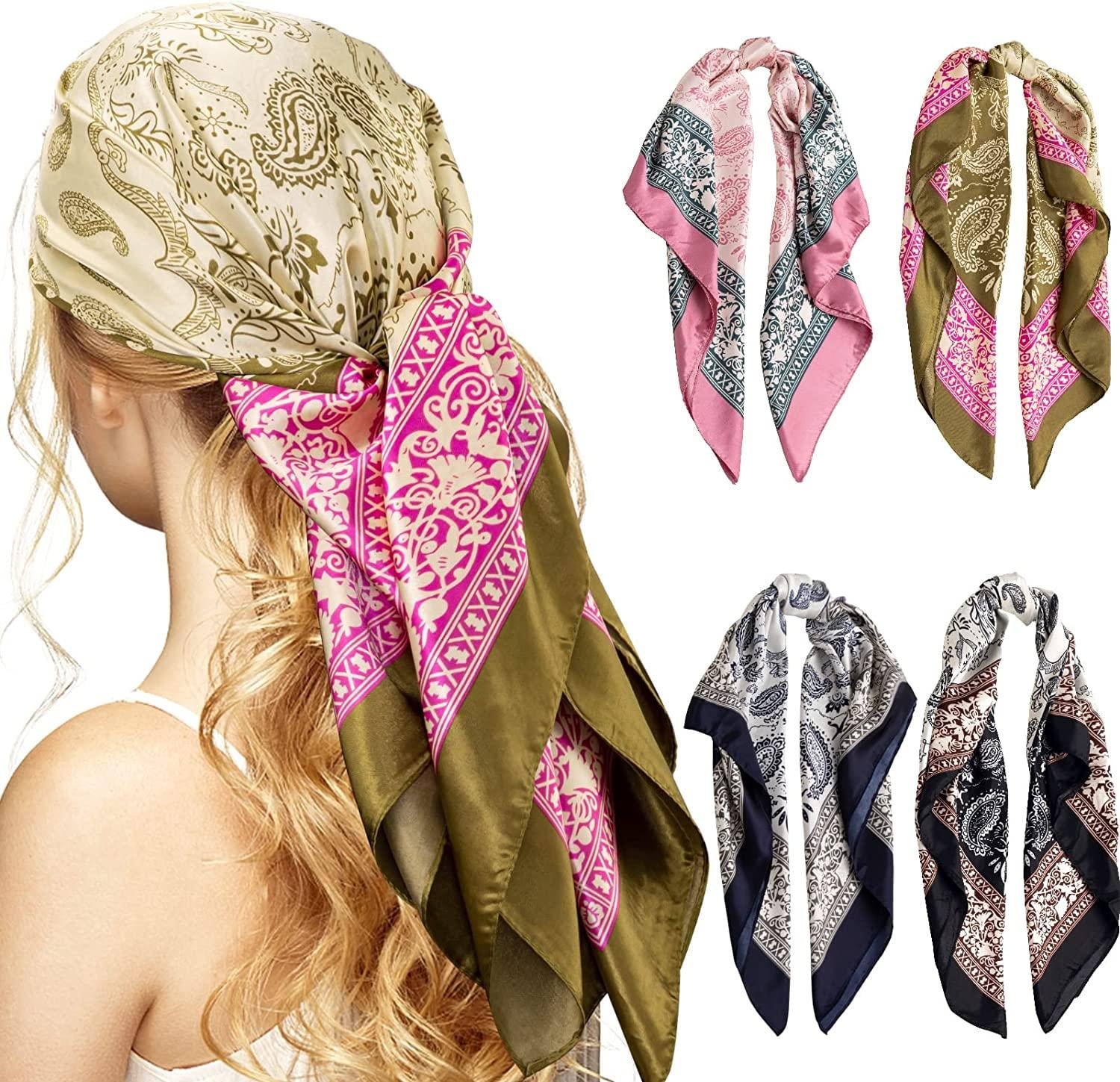 4PCS Head Scarf for Women, 35" Satin Square Hair Scarves Silk Like ...