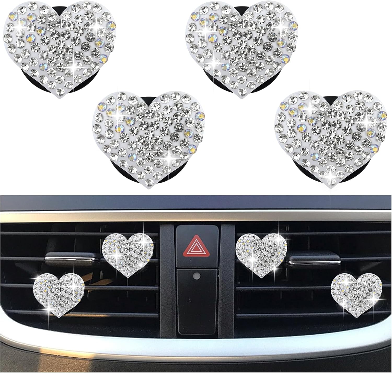 4PCS Heart-Shaped Car Vent Clips with Rhinestone,Bling Air Vent Clips ...