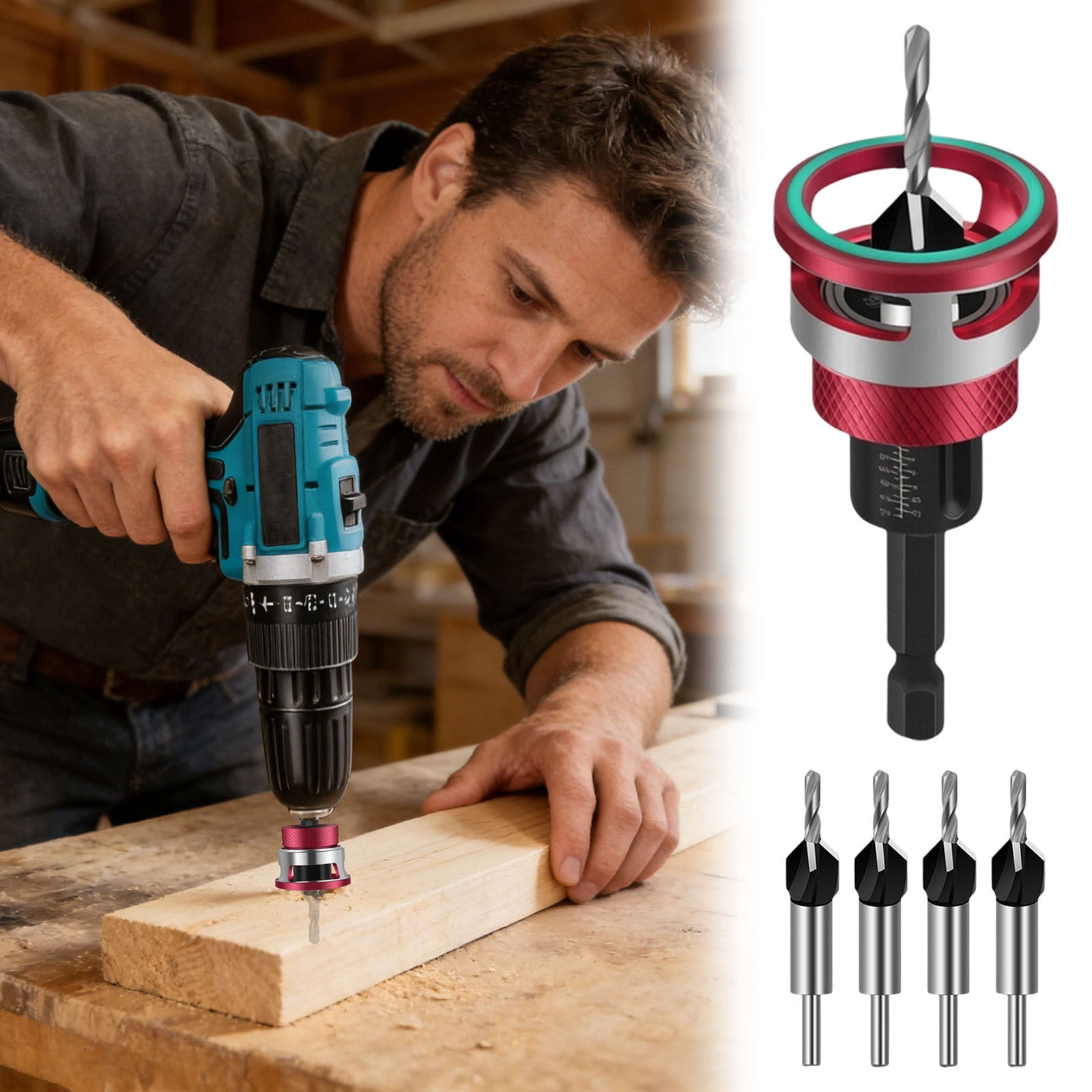 4PCS High-Speed Steel Counterbore Drill Bits with Adjustable Depth Stop ...