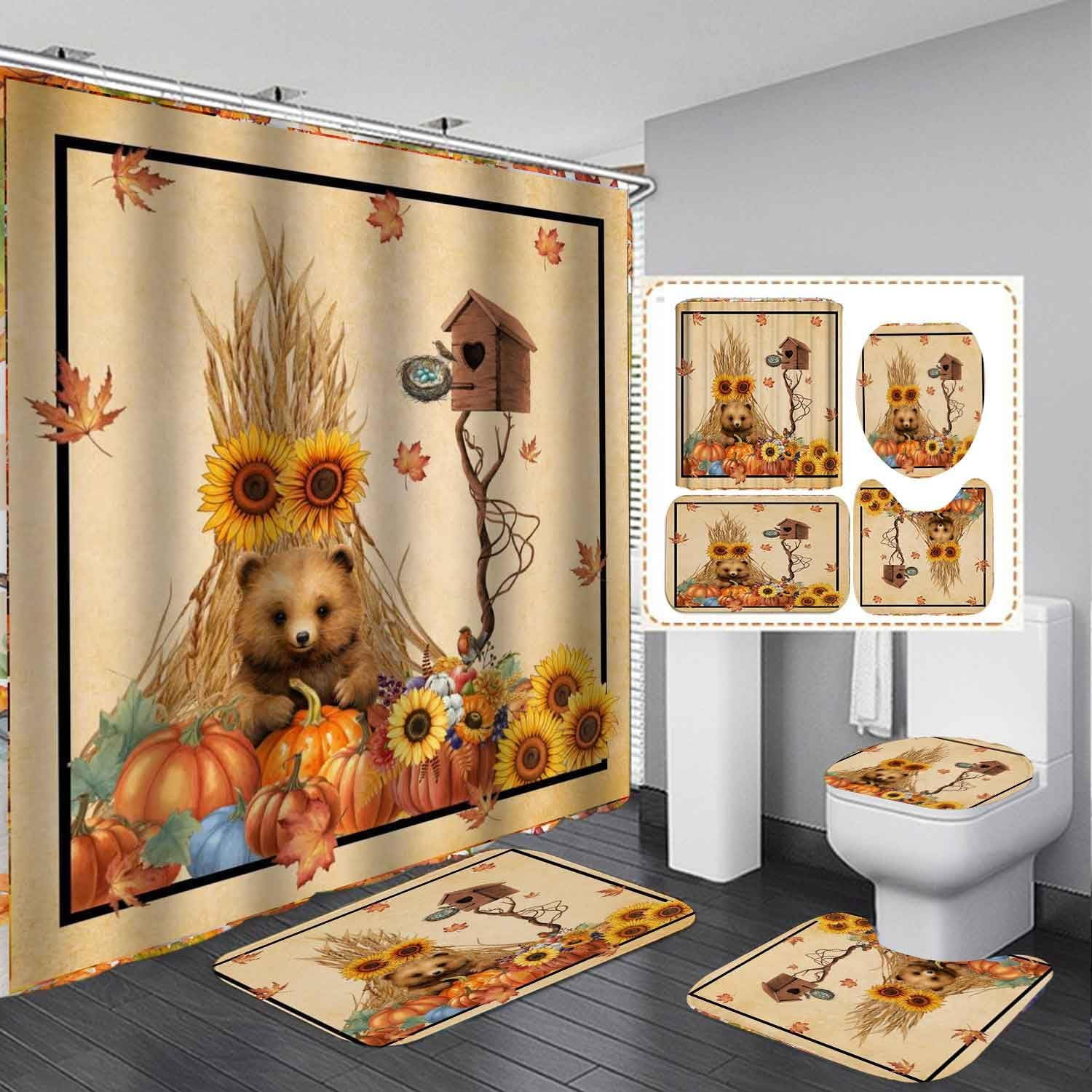 4PCS Highland Cow Fall Shower Curtain Sets with Rugs, Waterproof Fabric ...