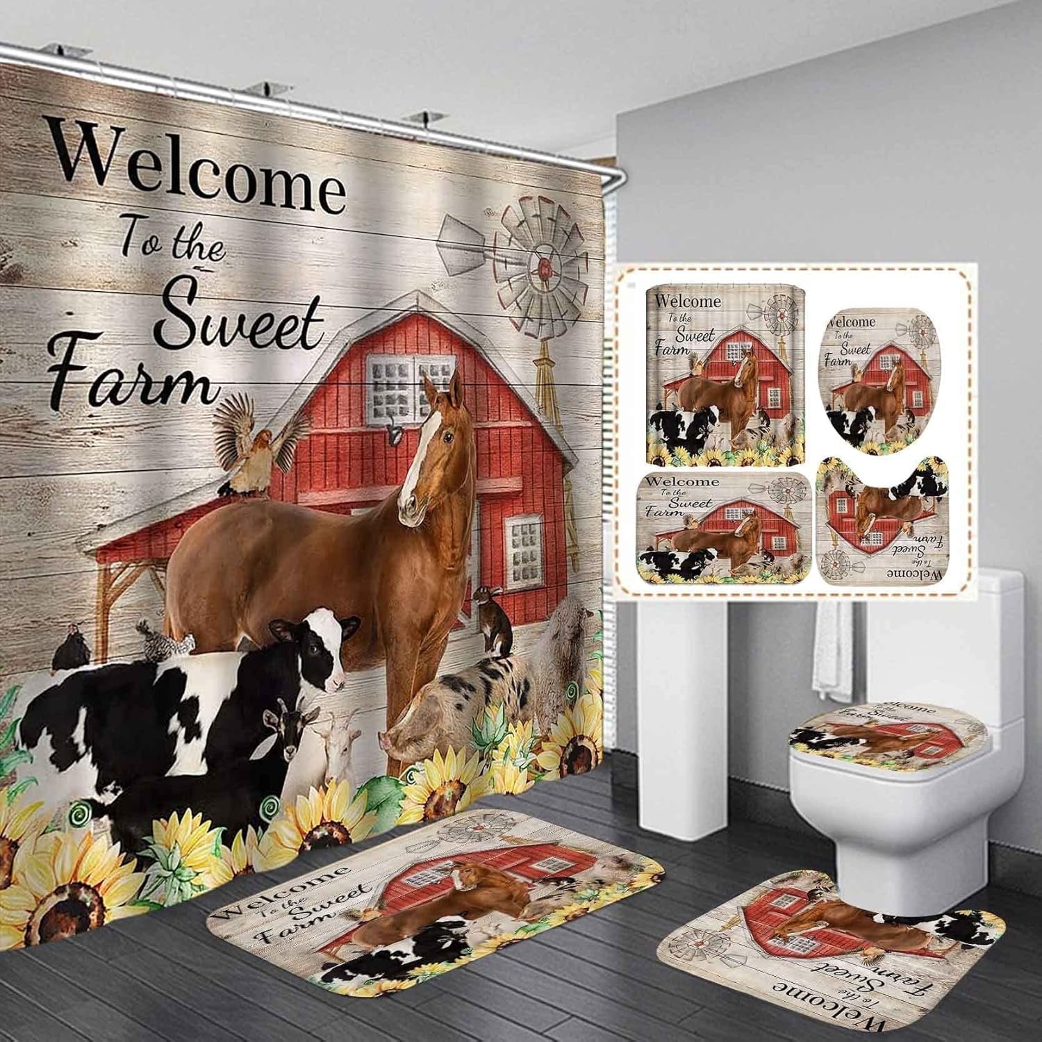 4PCS Highland Cow Shower Curtain Set, Get Naked Bubble Grey Cattle Bull ...