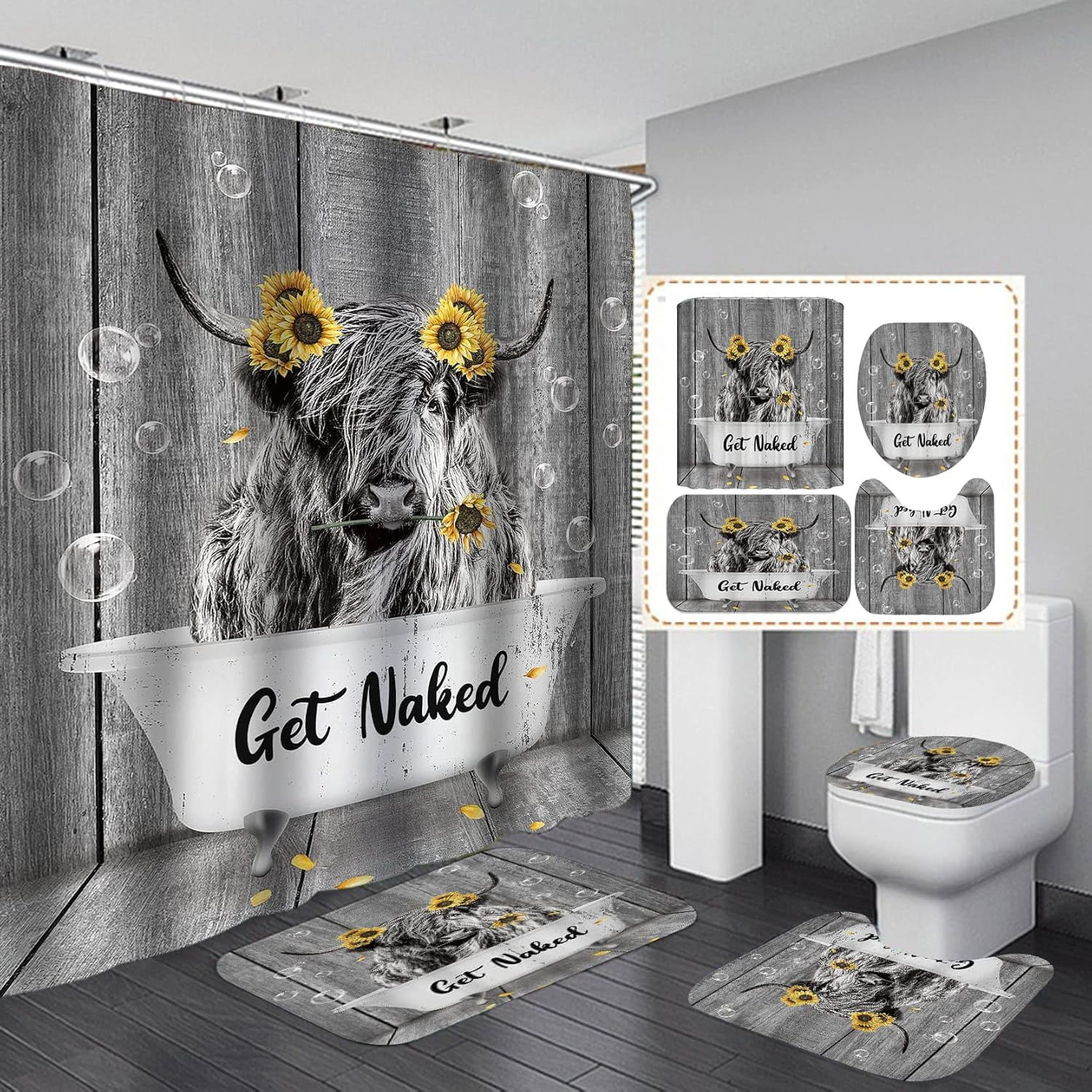 4PCS Highland Cow Shower Curtain Set, Sunflower American Flag Barn ...