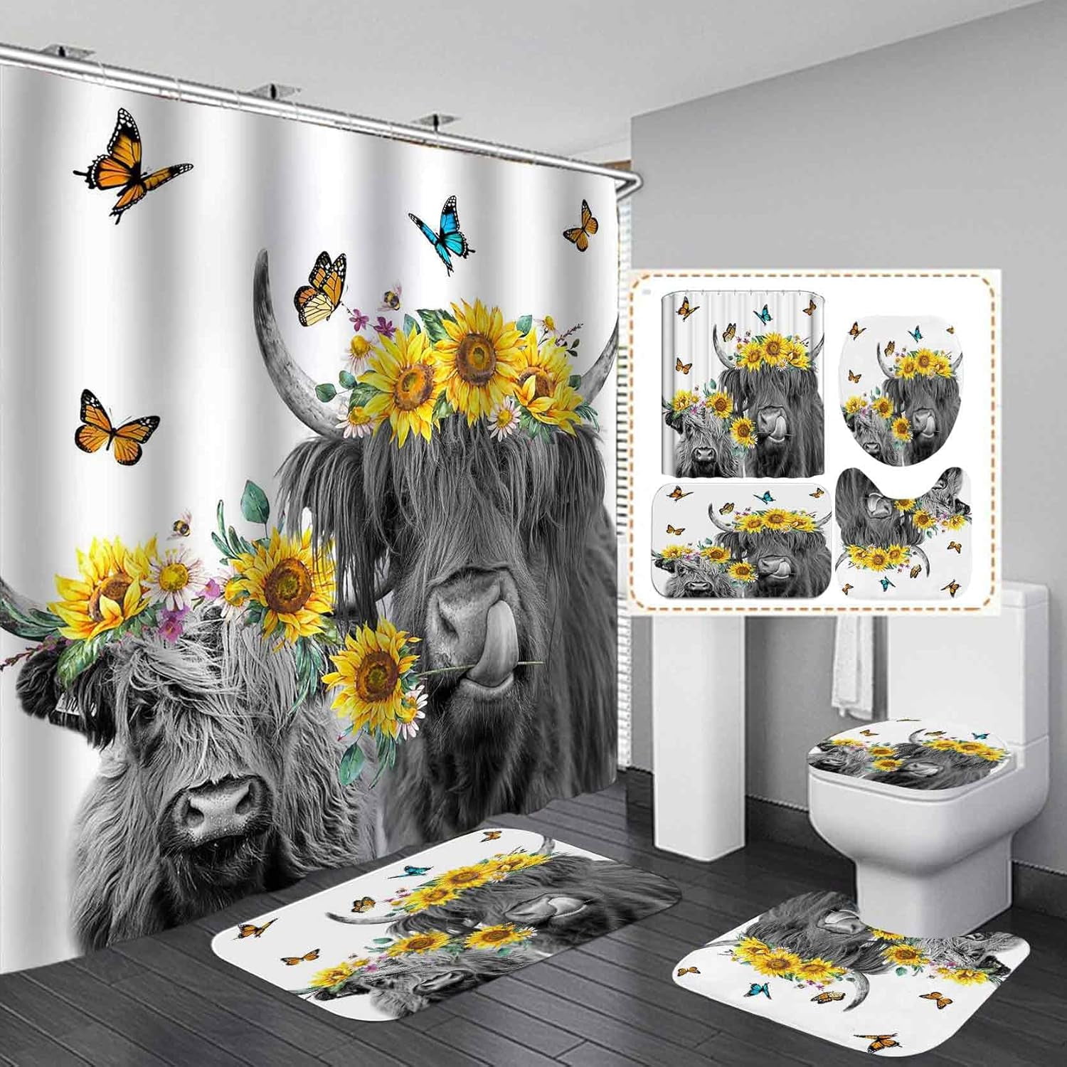 4PCS Highland Cow Shower Curtain Set, Sunflower American Flag Barn ...