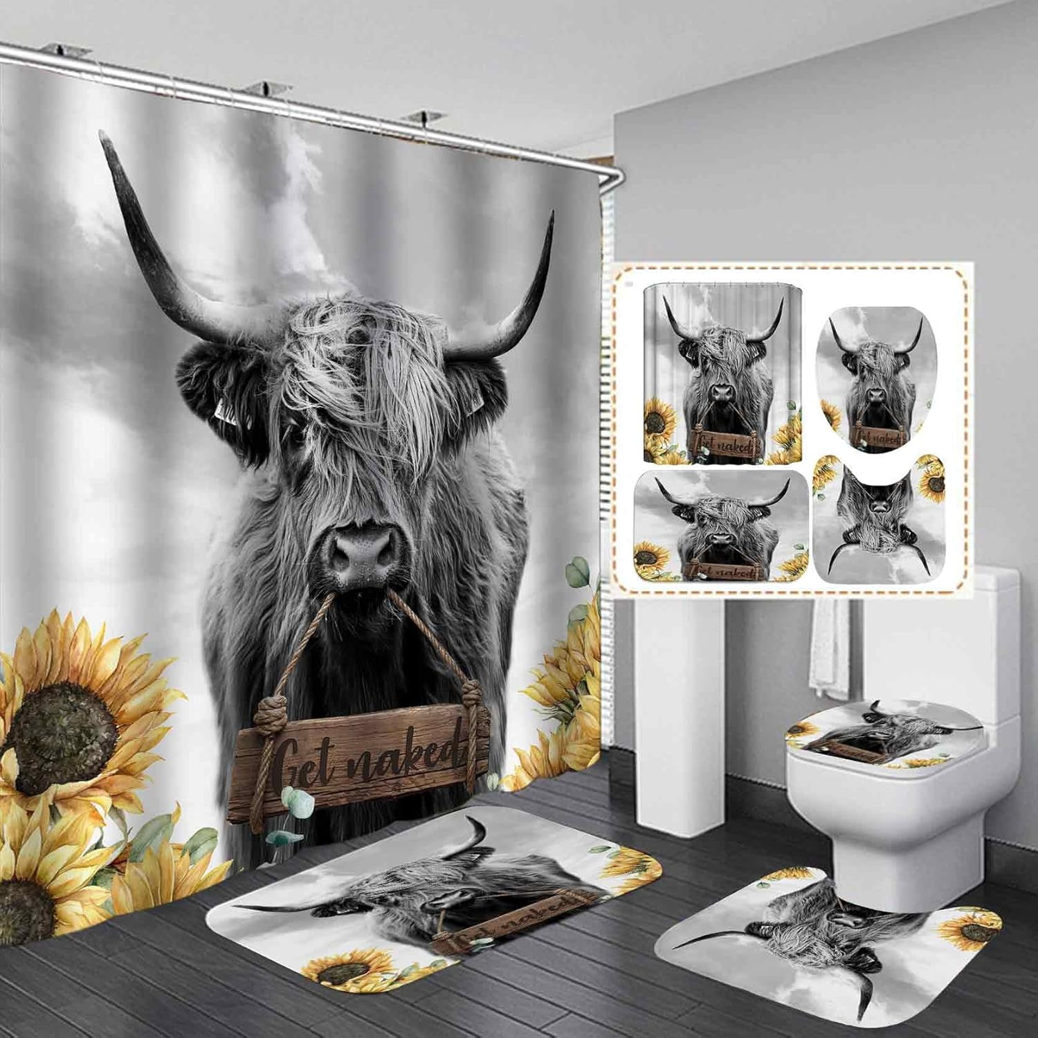 4PCS Highland Cow Shower Curtain Set, Sunflower American Flag Barn ...