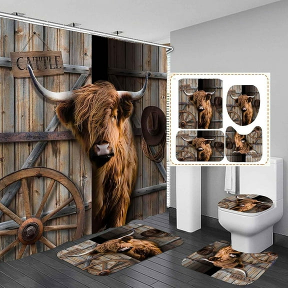 4PCS Plant Highland Cow Shower Curtain Sets with Rugs, Waterproof White ...