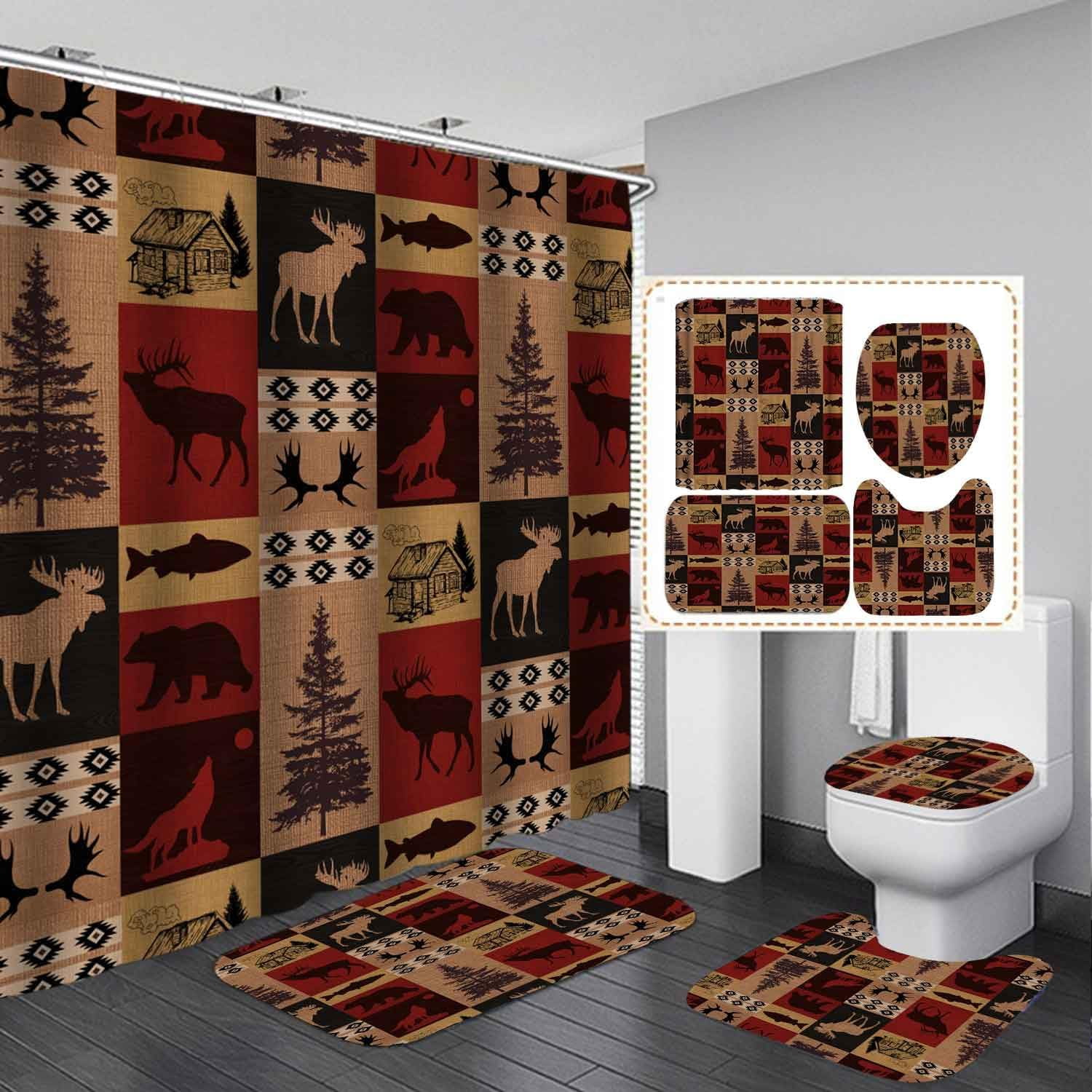 4PCS Hunting Shower Curtain Sets with Rugs, Waterproof Fabric Brown ...