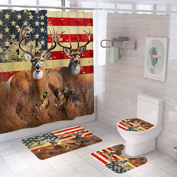 4PCS Hunting Shower Curtain Sets With Rugs, Waterproof Fabric Shower ...