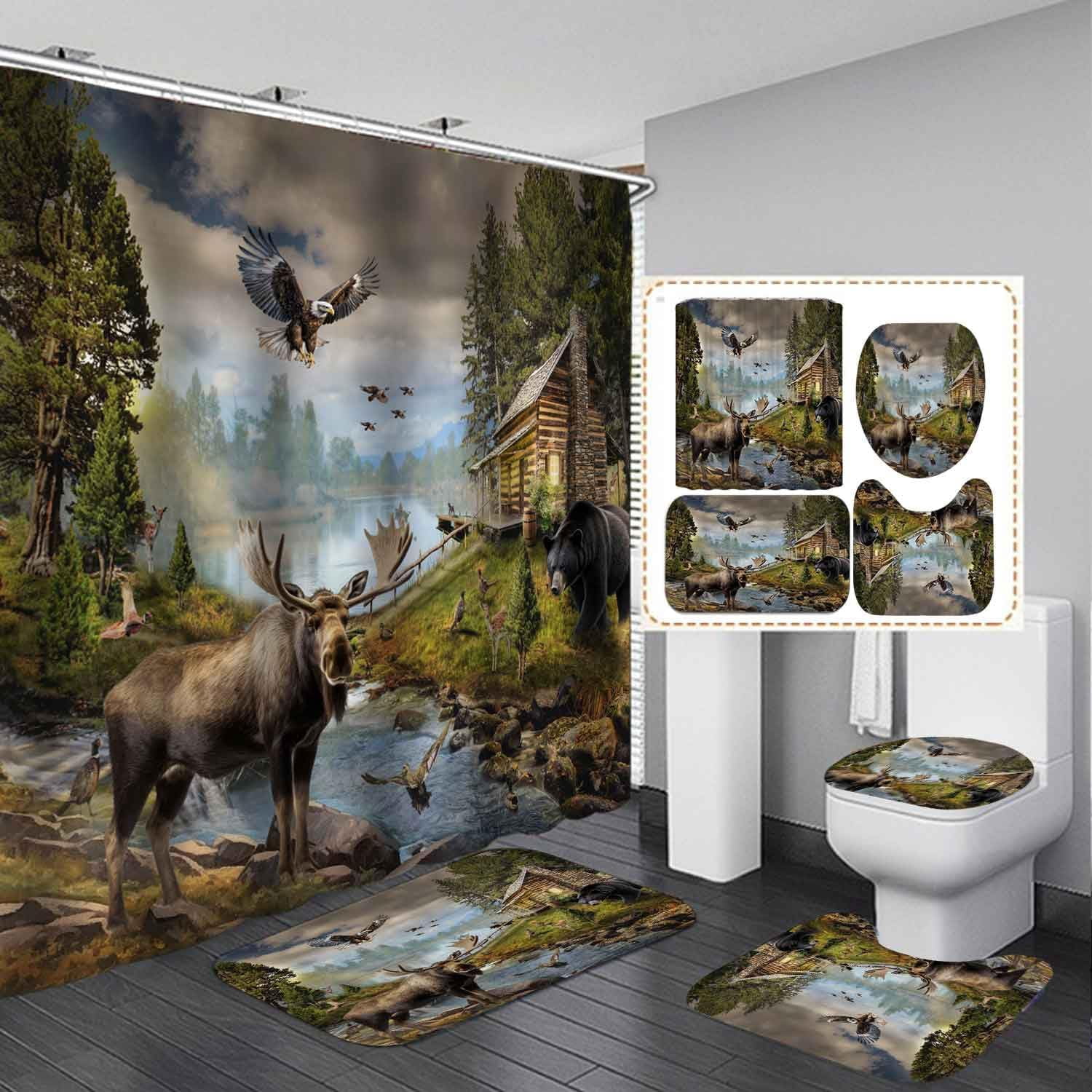 4PCS Hunting Shower Curtain Sets With Rugs, Waterproof Fabric Shower ...