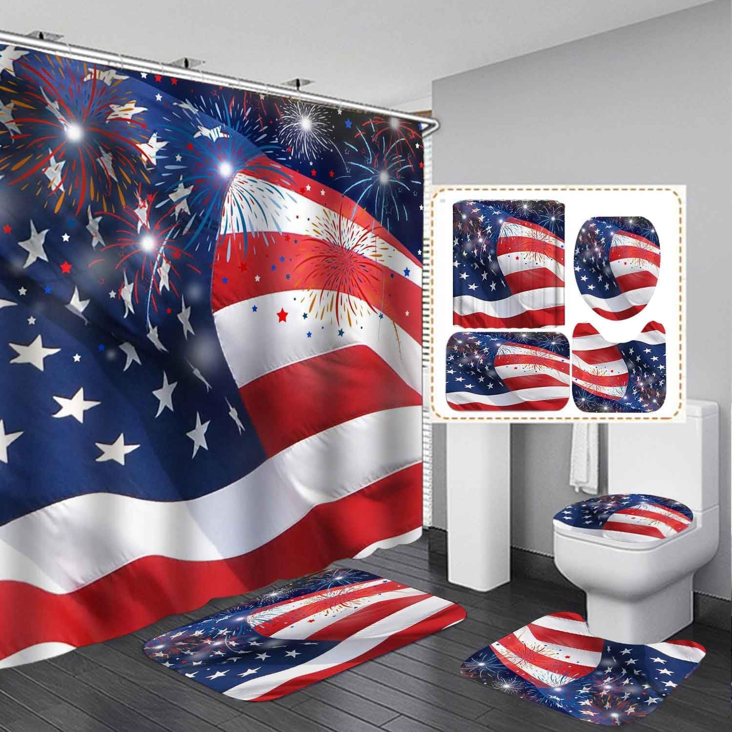4PCS Independence Day Shower Curtain Sets with Rugs, Waterproof Fabric ...