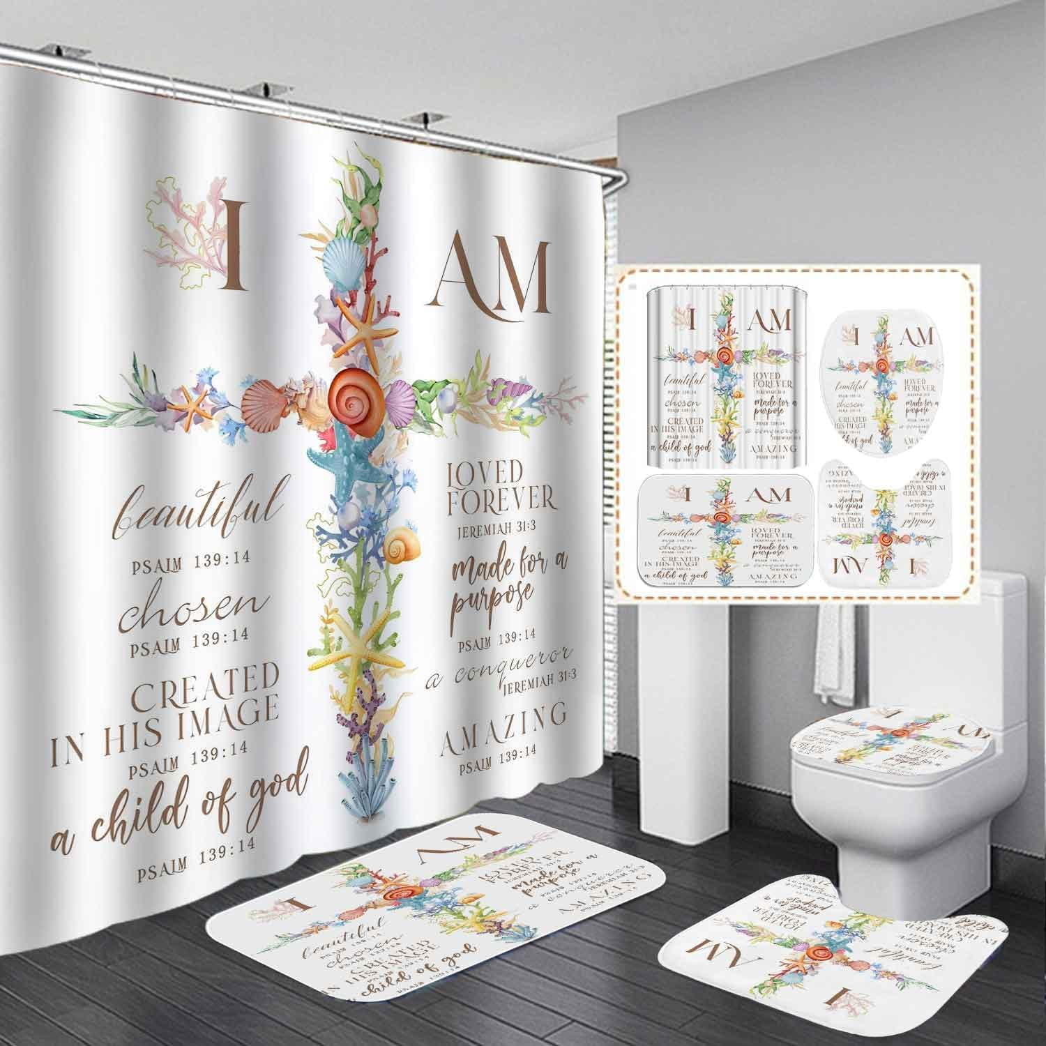 4PCS Inspirational Quotes Floral Shower Curtain Sets with Rugs ...