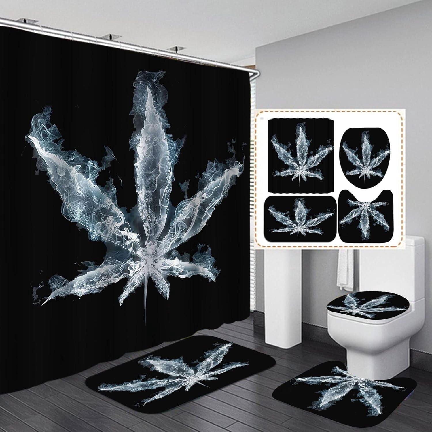 4PCS Inspirational Quotes Shower Curtain Set, Green Marijuana Weed Leaf ...