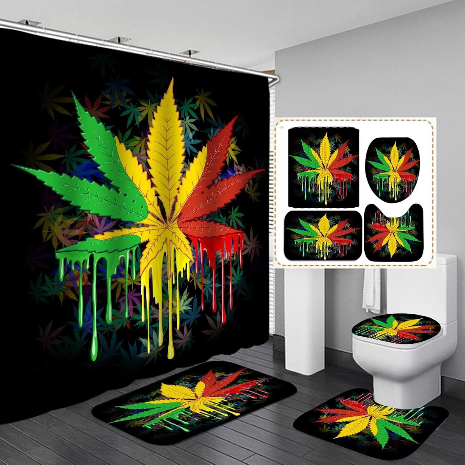 4PCS Inspirational Quotes Shower Curtain Set, Green Marijuana Weed Leaf ...