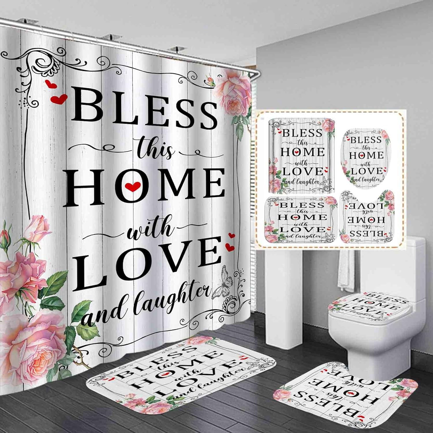 4PCS Inspirational Quotes Shower Curtain Sets with Rugs, Waterproof ...