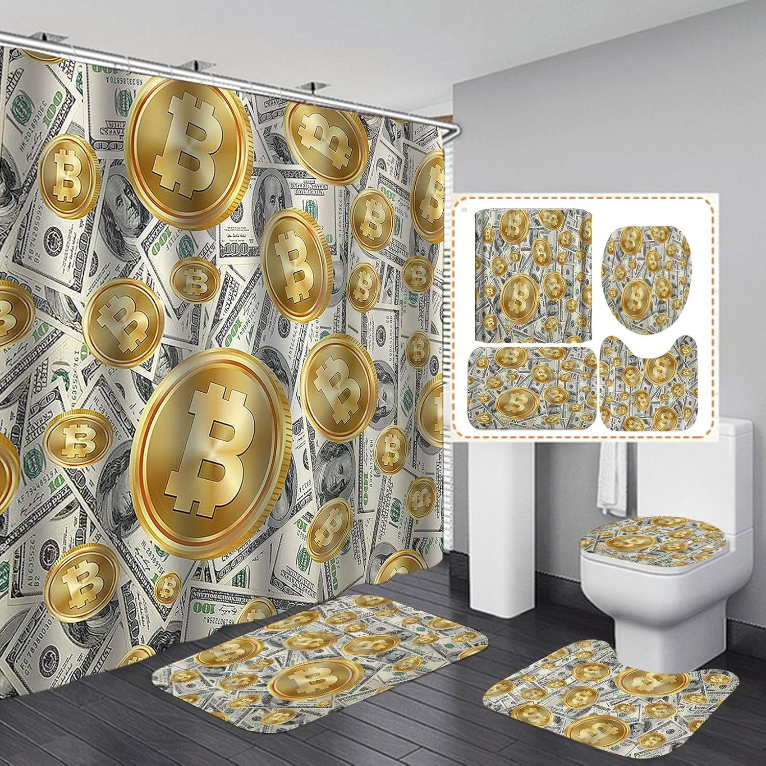 4PCS/Set Money Shower Curtain, Hundred US Dollar Bills Cash Benjamin ...