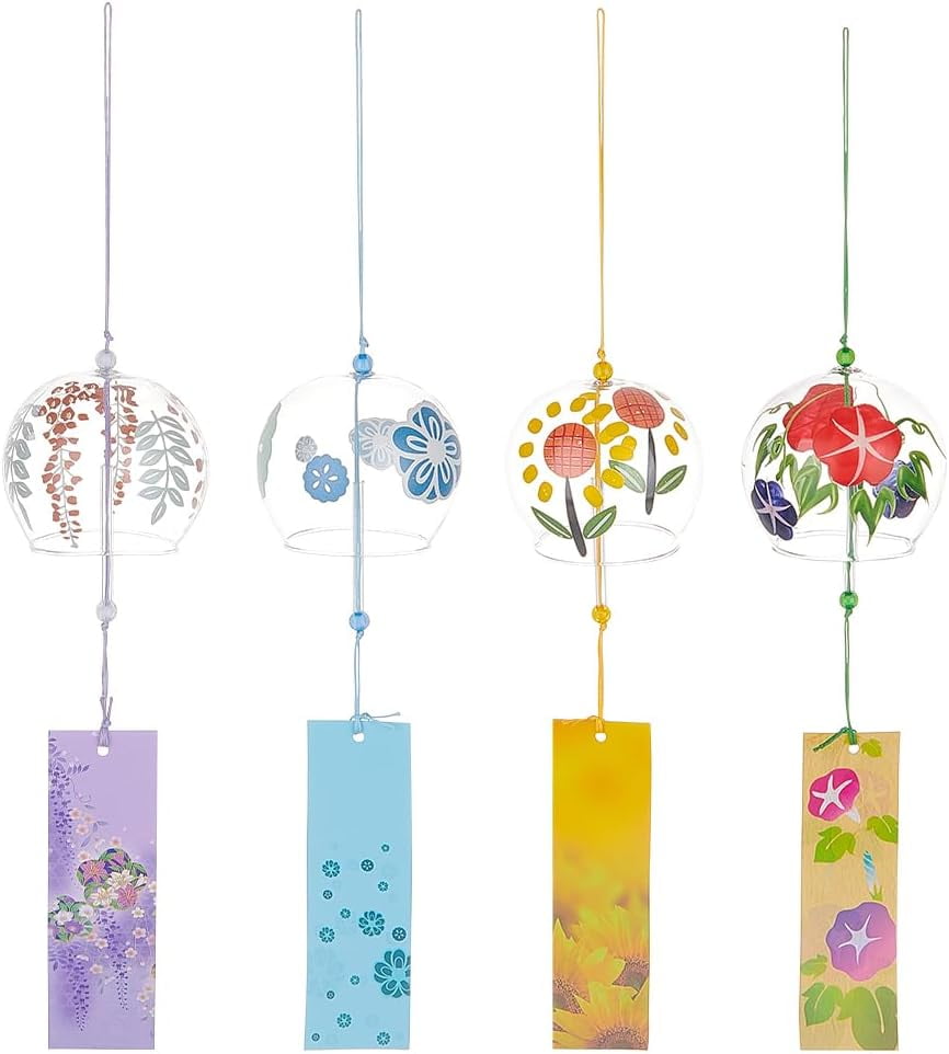 4PCS Japanese Glass Round Wind Chimes Sky Blue Lilac Colourful Yellow ...