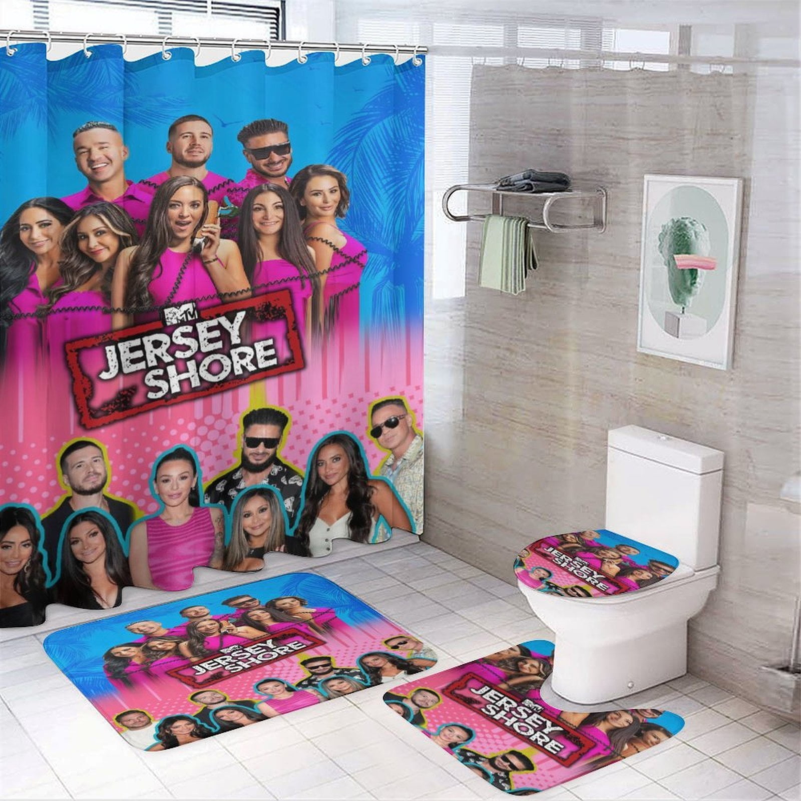 4PCS Jersey Sh-0re Shower Curtain Set with Non-Slip Rugs Toilet Lid ...
