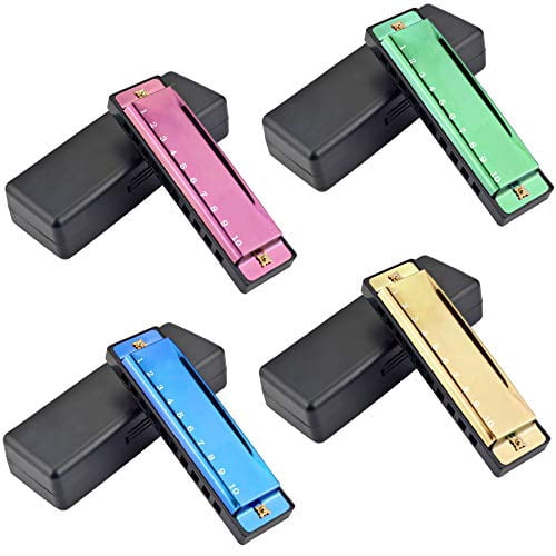 4PCS Key of C 10 Hole 10 Tones Titanium Color Harmonica with Case for ...